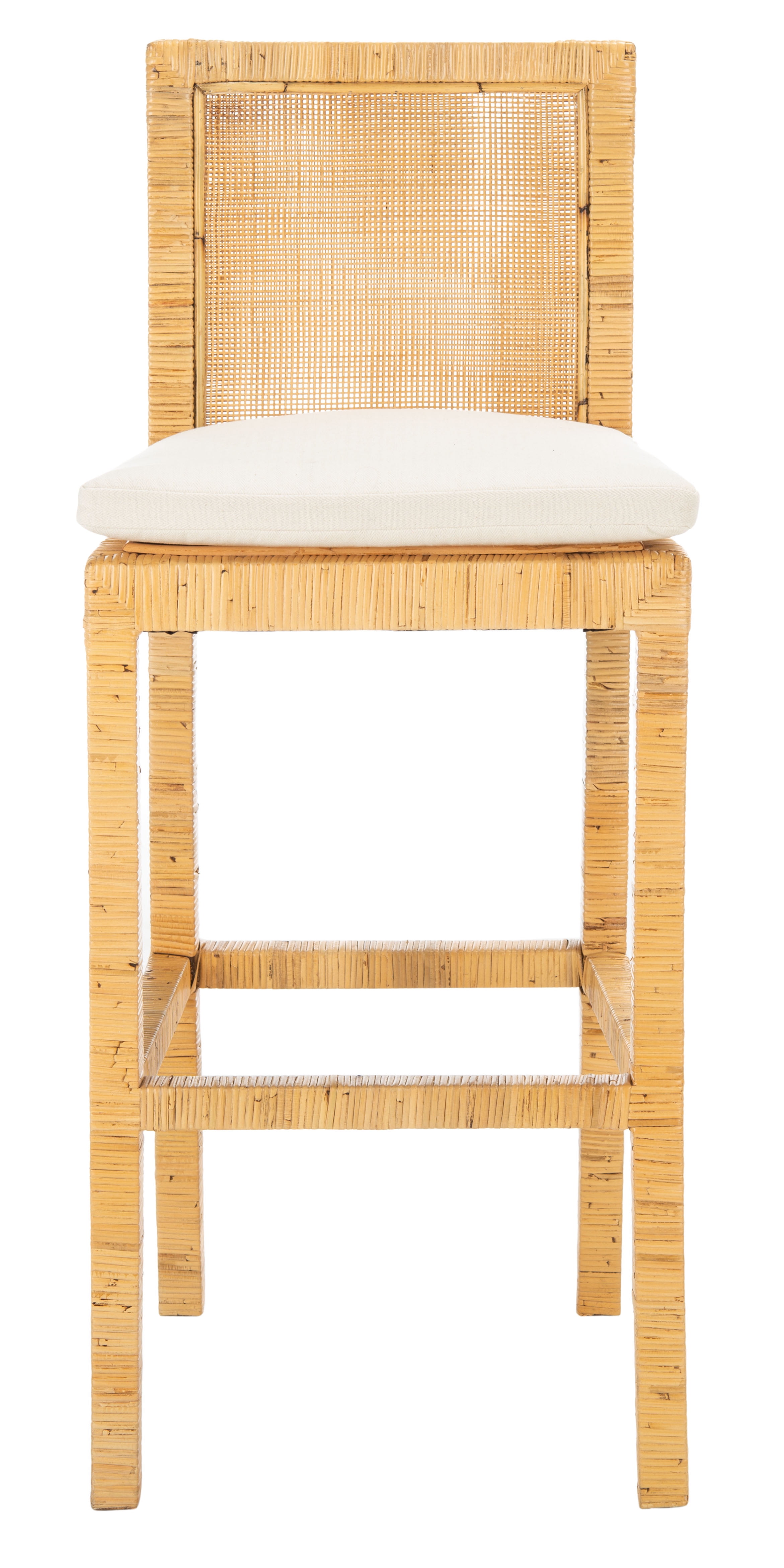 SAFAVIEH Tojo Natural/White Cane Bar Stool with Cushion and Backrest ...