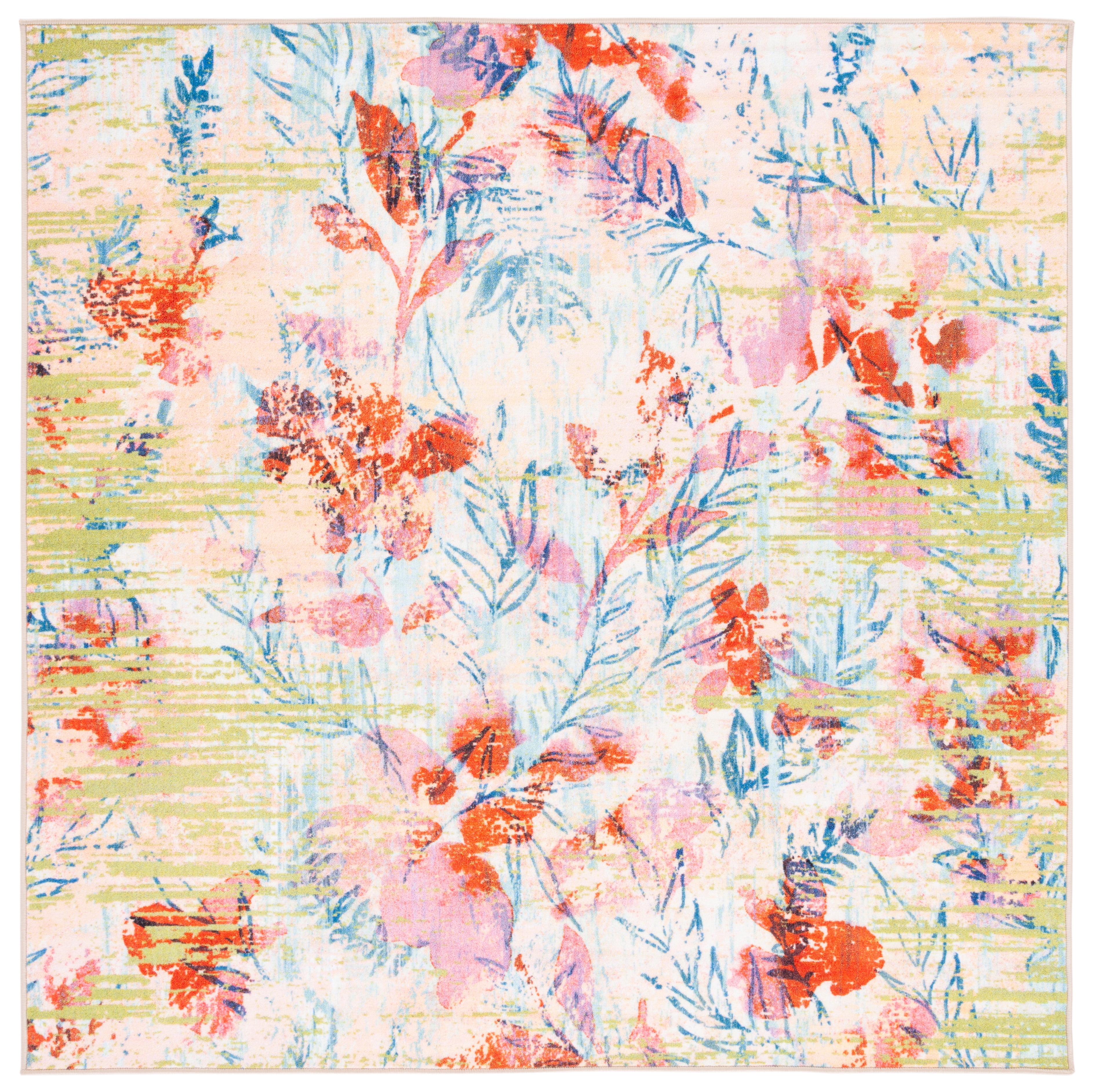 SAFAVIEH Paint Brush Josif Floral Area Rug, Blue/Blush Pink, 6'7" x 6'7 ...