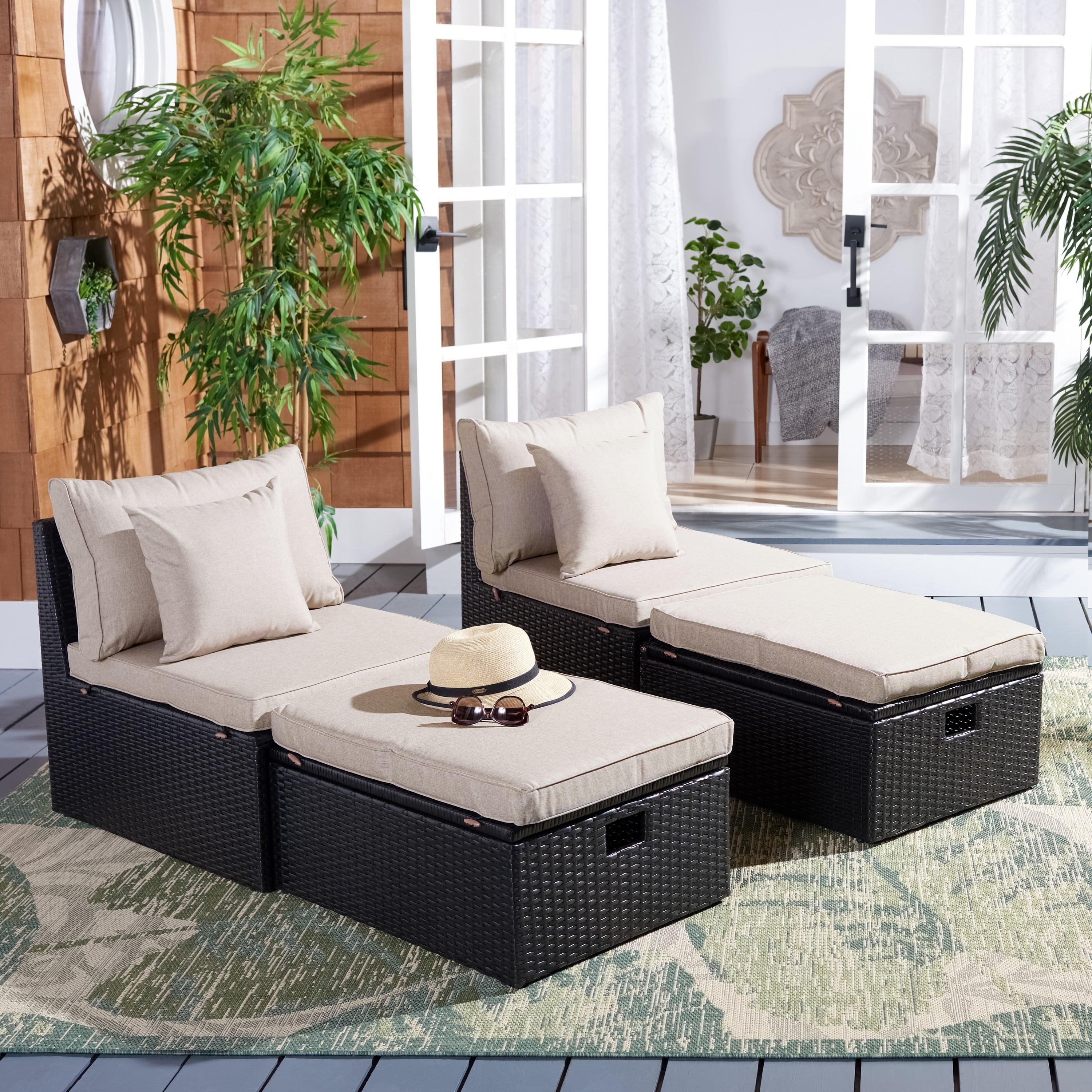 SAFAVIEH Pramla Outdoor Patio 4 Piece Sette With Ottoman, Black/Light ...