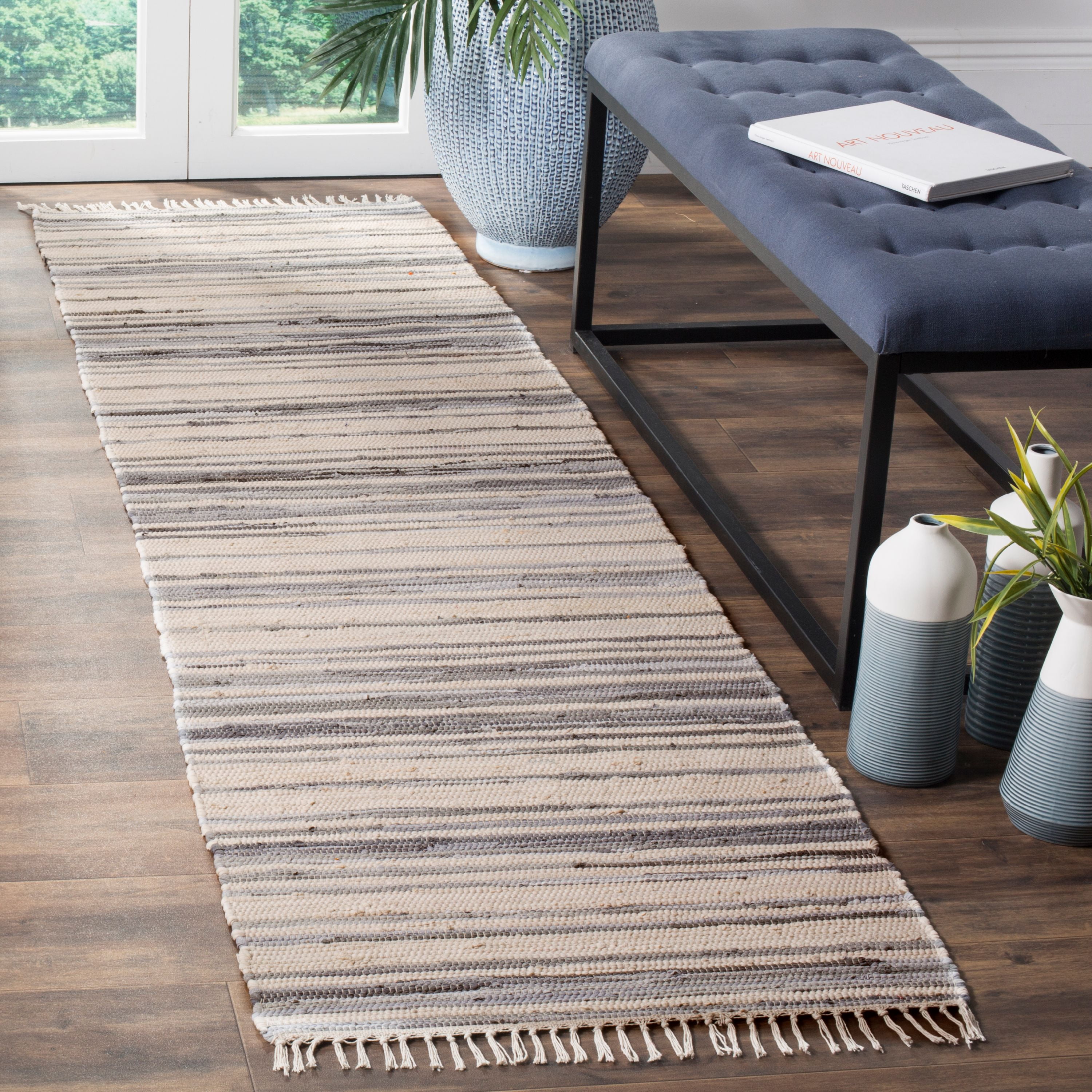 SAFAVIEH Rag Benton Striped Cotton Runner Rug, Ivory/Grey, 2'3" x 5 ...