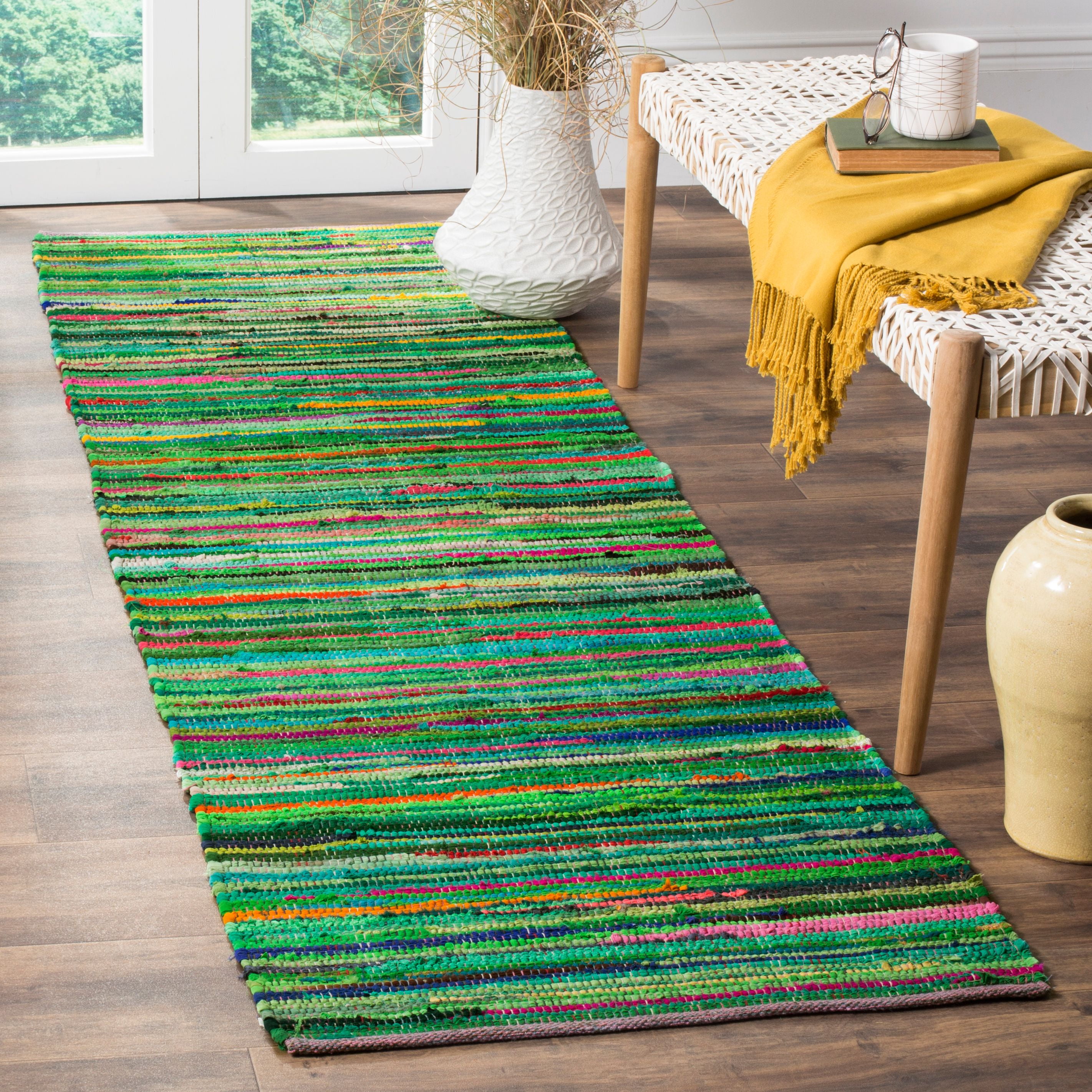 SAFAVIEH Rag Petar Striped Cotton Runner Rug, Green/Multi, 2'3" x 6 ...