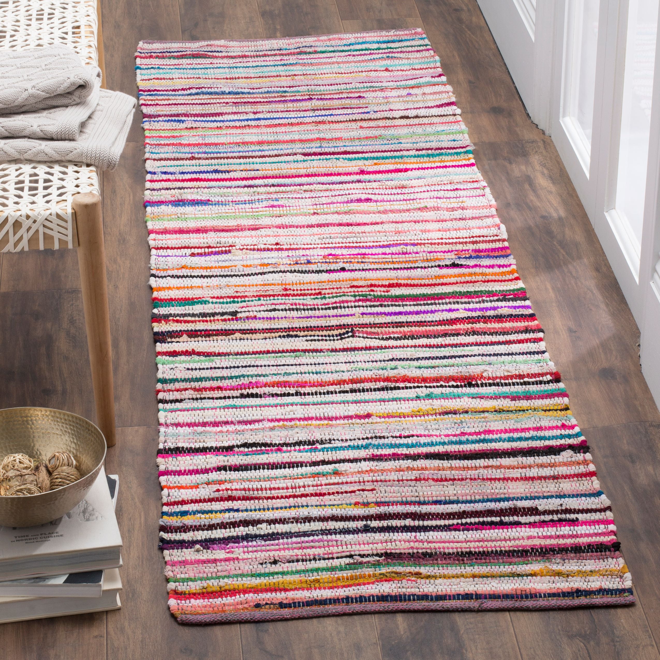 SAFAVIEH Rag Petar Striped Cotton Runner Rug, Ivory/Multi, 2'3" x 6 ...