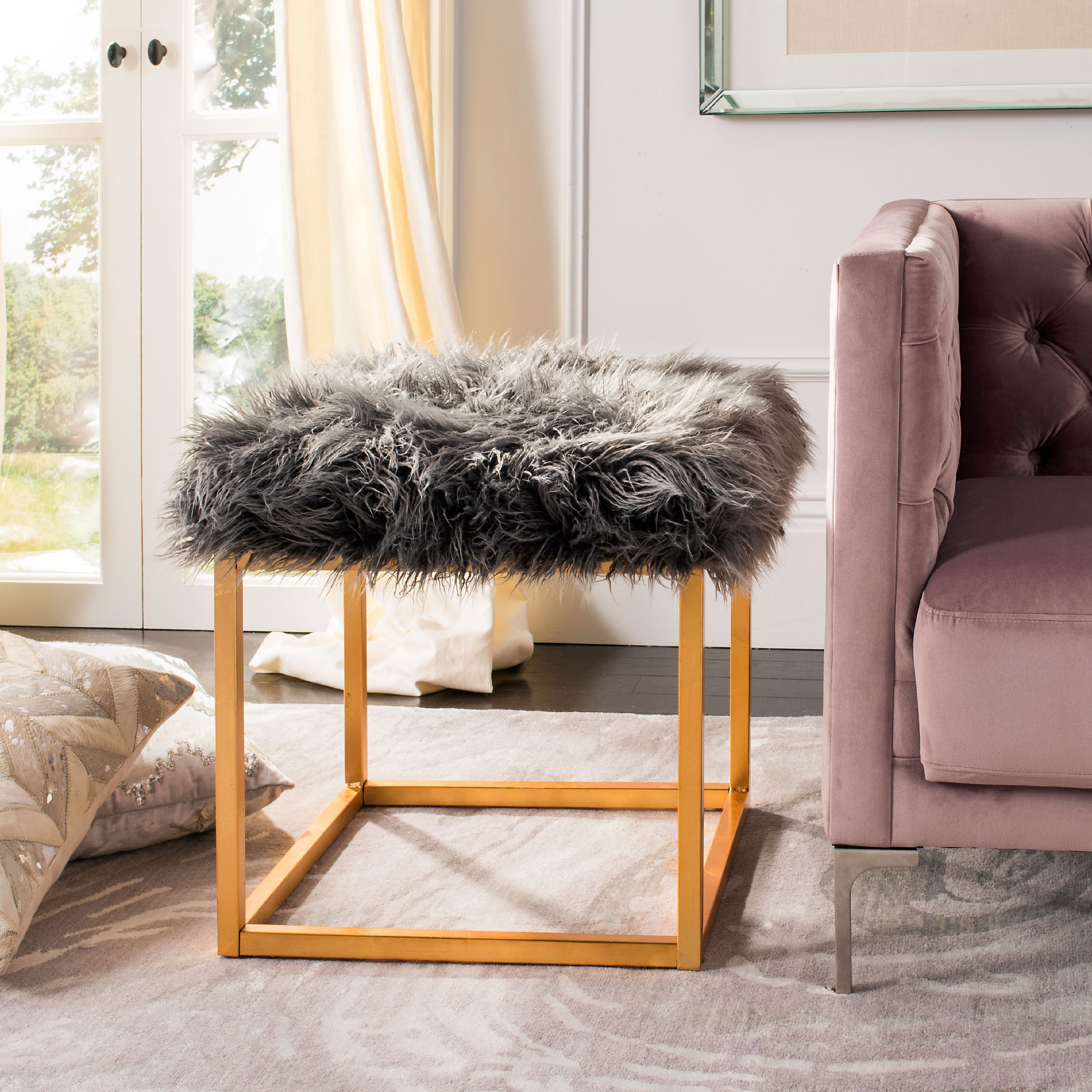 SAFAVIEH Rowan Contemporary Modern Glam Square Ottoman, Grey/Gold ...