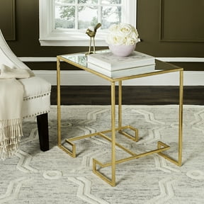 SAFAVIEH Berdine Solid Glass Top Greek Key Table with Shelf, Gold ...