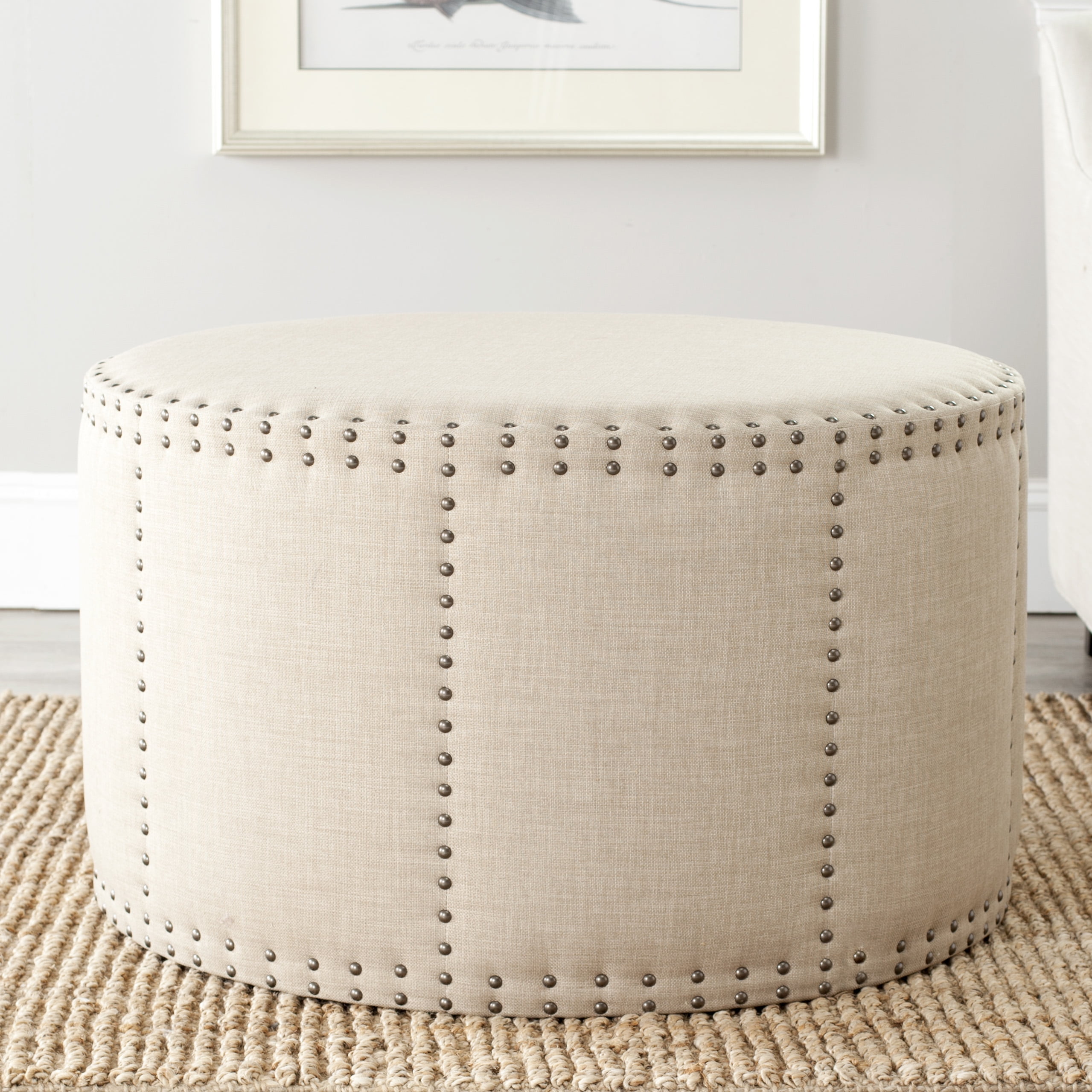 SAFAVIEH Sherri Classic Round Cocktail Ottoman w/ Nail Heads, Beige ...