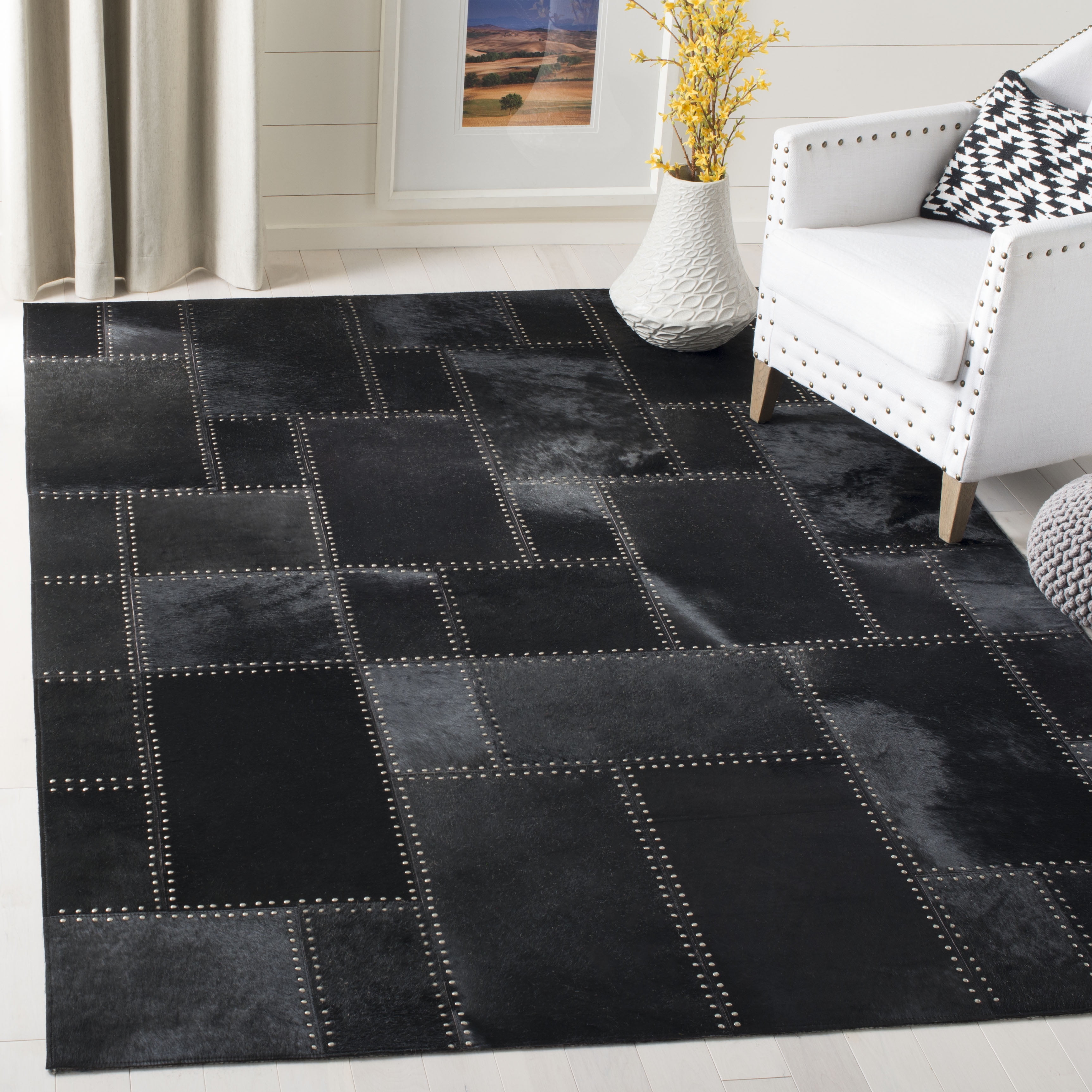 SAFAVIEH Studio Leather Juniper Geometric Area Rug, Black, 4' x 6 ...