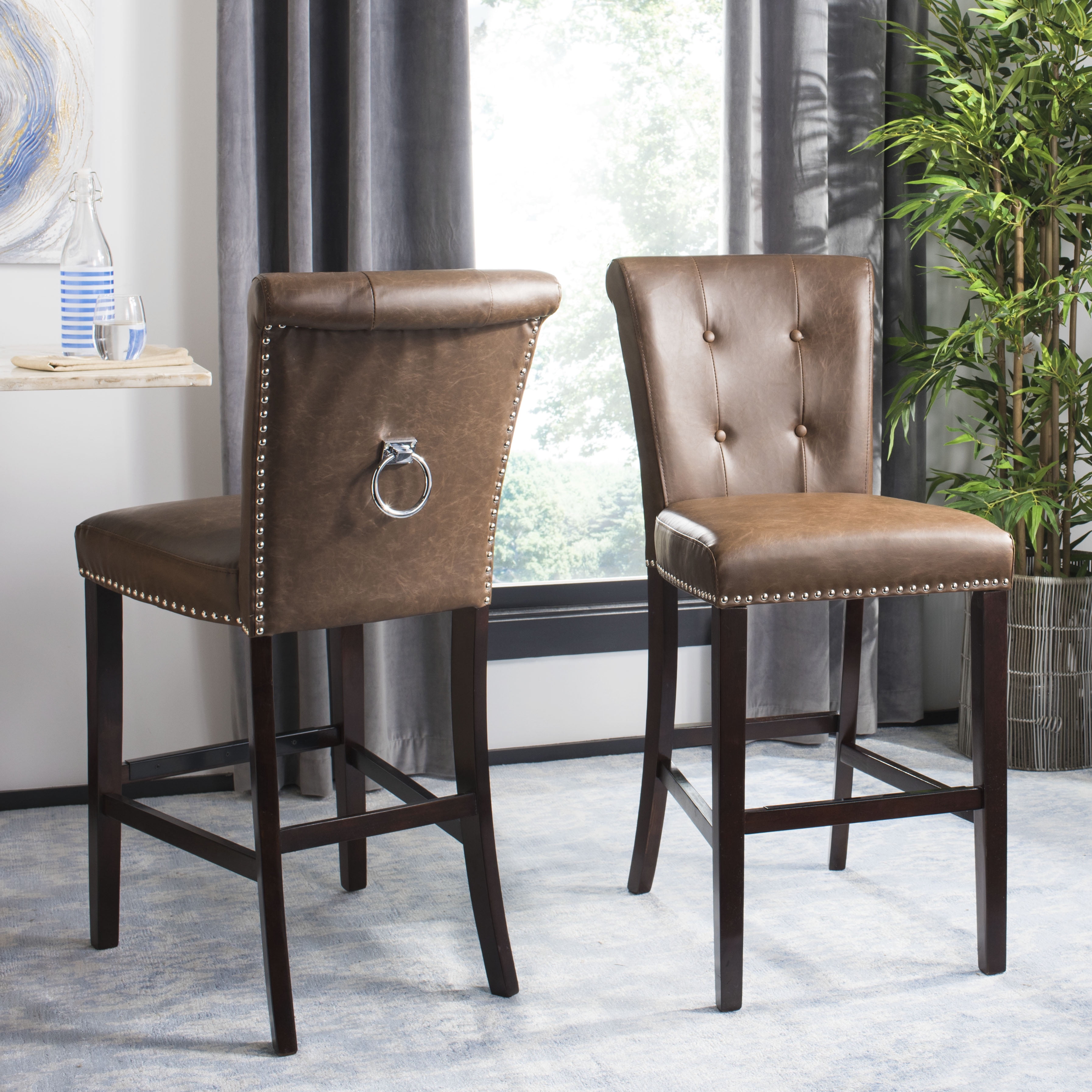 SAFAVIEH Taylor 29.5in H Modern Brown Bar Stool with Ring, Set of 2 ...
