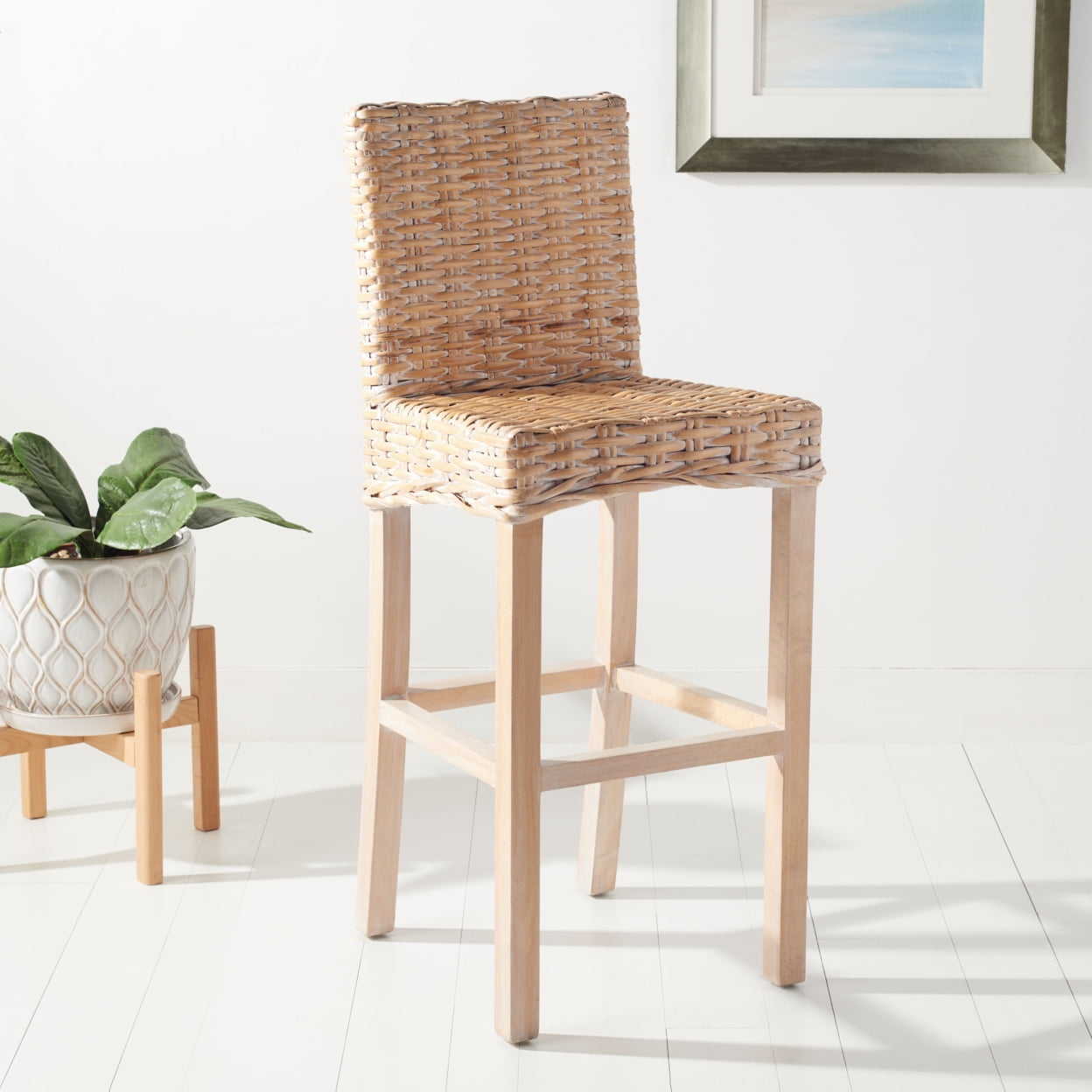 SAFAVIEH Tobie Rattan Bar Stool with Footrest, Natural White Wash ...