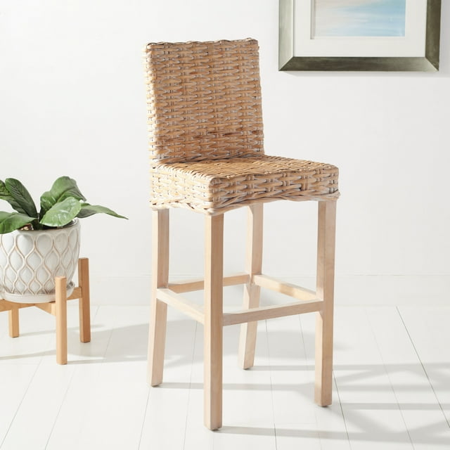 SAFAVIEH Tobie Rattan Bar Stool with Footrest, Natural White Wash ...