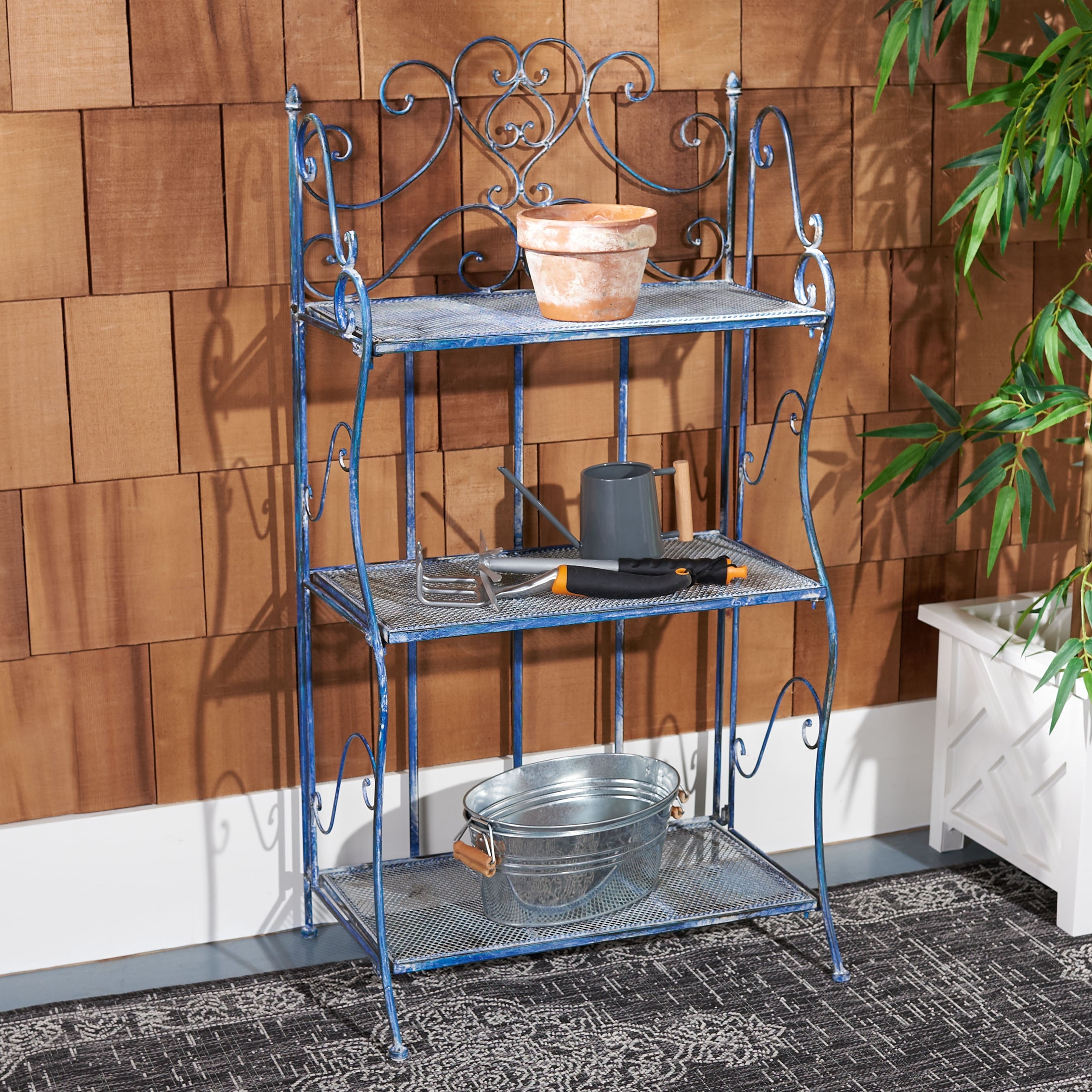 SAFAVIEH Torus Solid Rustic Outdoor Patio 3-Tier Shelf, Antique Blue ...
