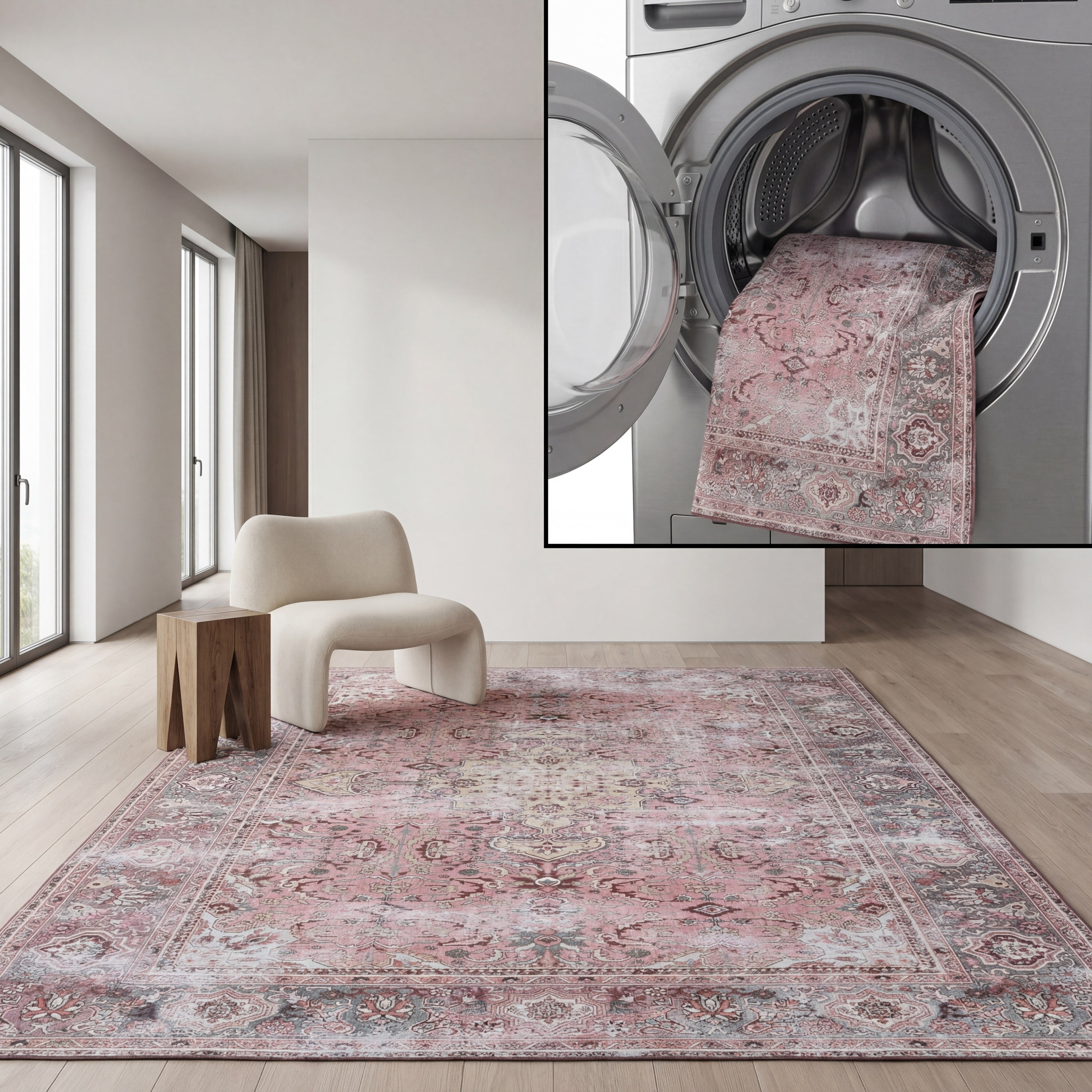 SAFAVIEH Tucson Sally Oriental Machine Washable Area Rug, Pink/Beige, 5 ...