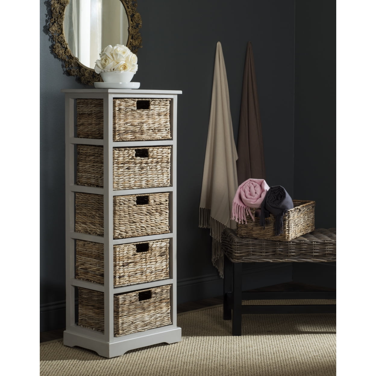 SAFAVIEH Vedette 5 Wicker Basket Wooden Storage Tower, Vintage Grey ...