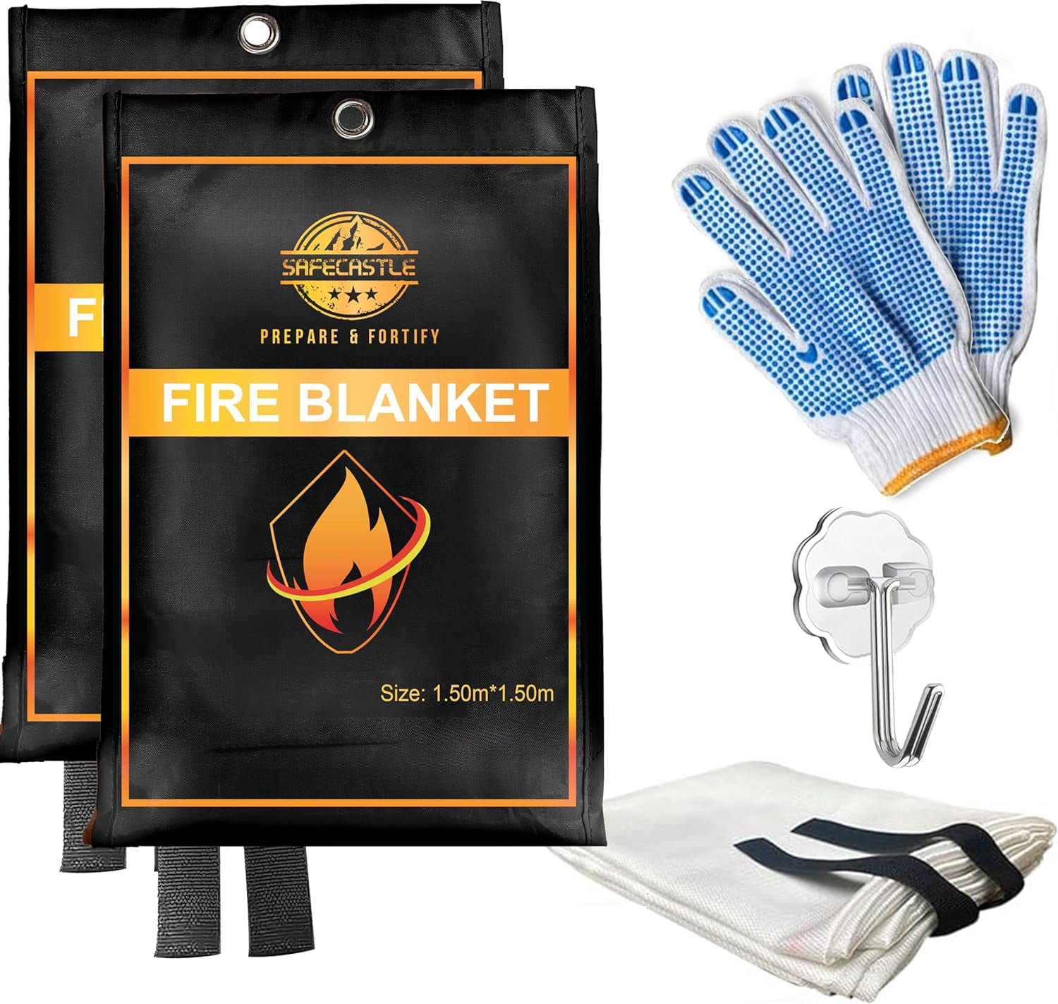 SAFECASTLE Emergency Fire Blanket 2 Pack with Hook & Gloves | Fire ...