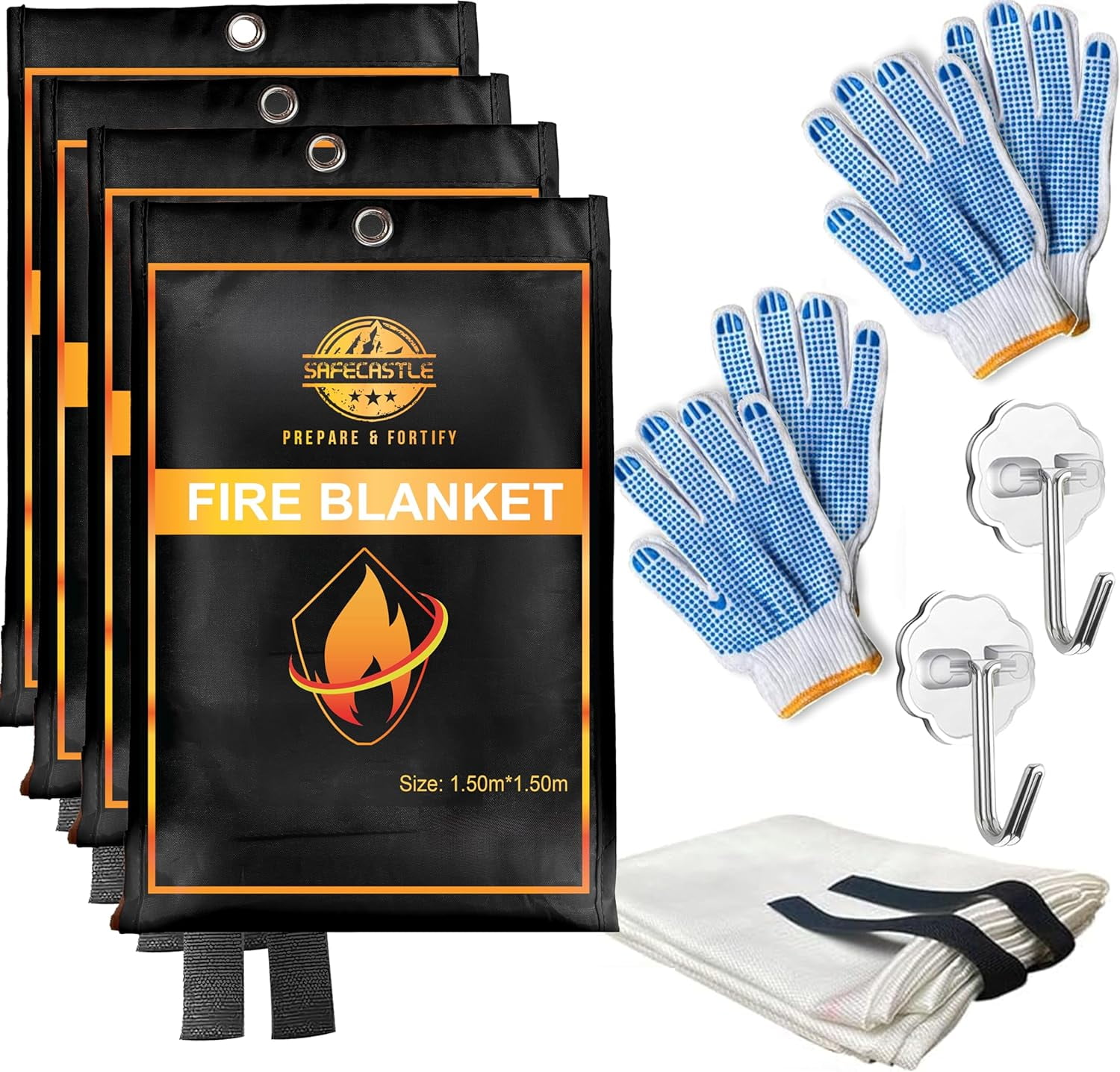 SAFECASTLE Emergency Fire Blanket 4 Pack with 2 Hooks & 2 Gloves | Fire ...