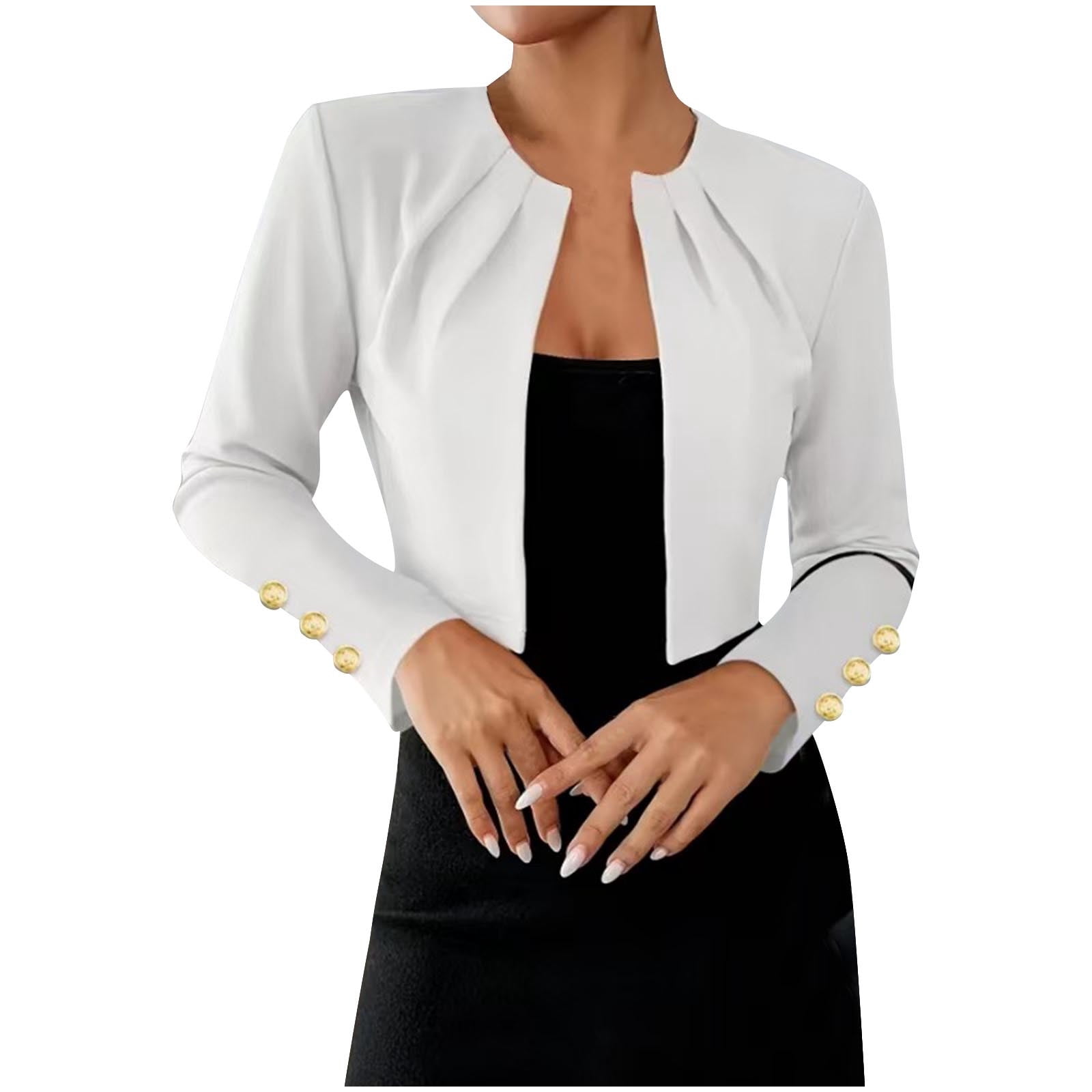 SAFUNY Women’s Cropped Open Front Formal Jacket Stylish Cuff Detail ...