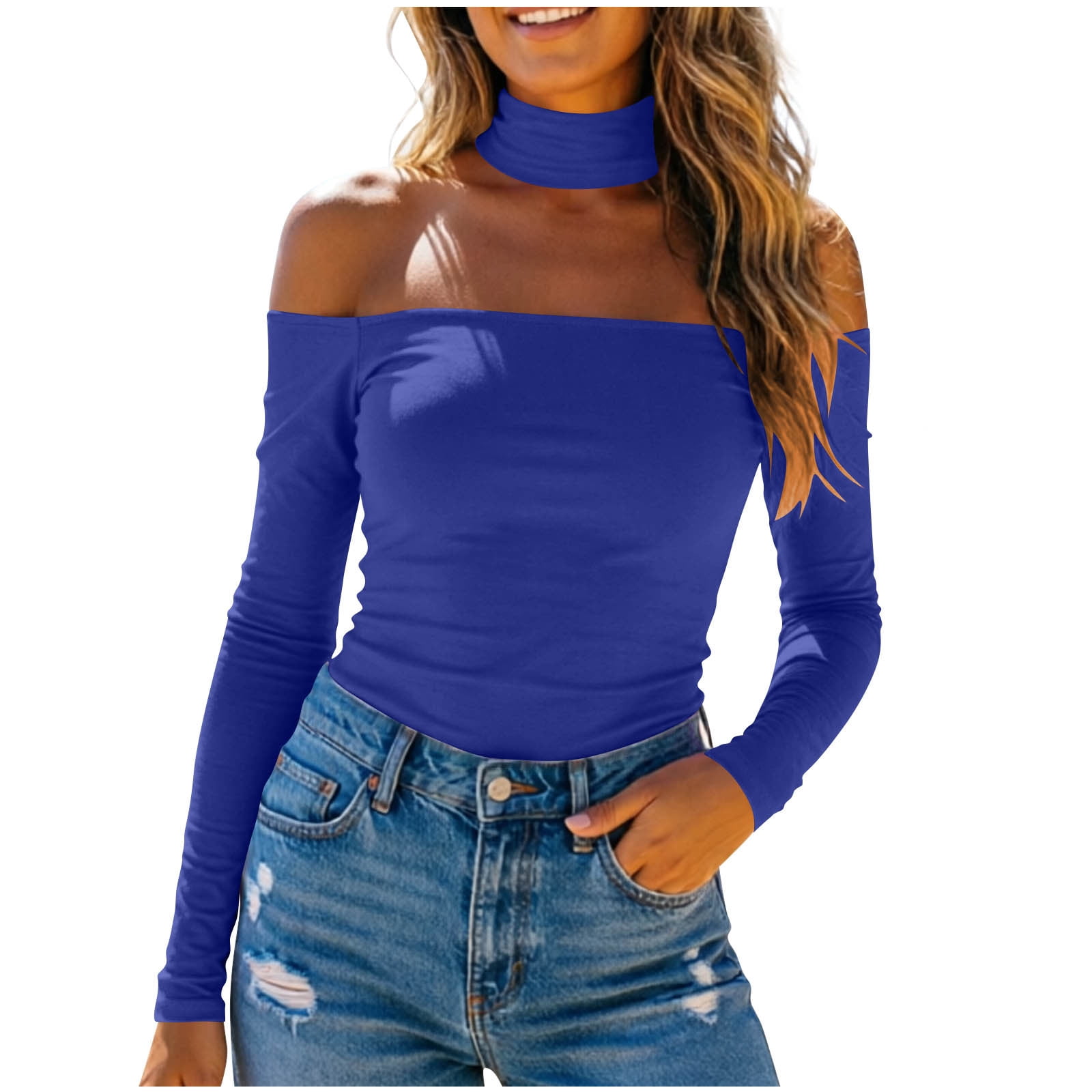 SAFUNY Women's High Neck Off Shoulder Sheer Mesh Slim Top for Party and ...