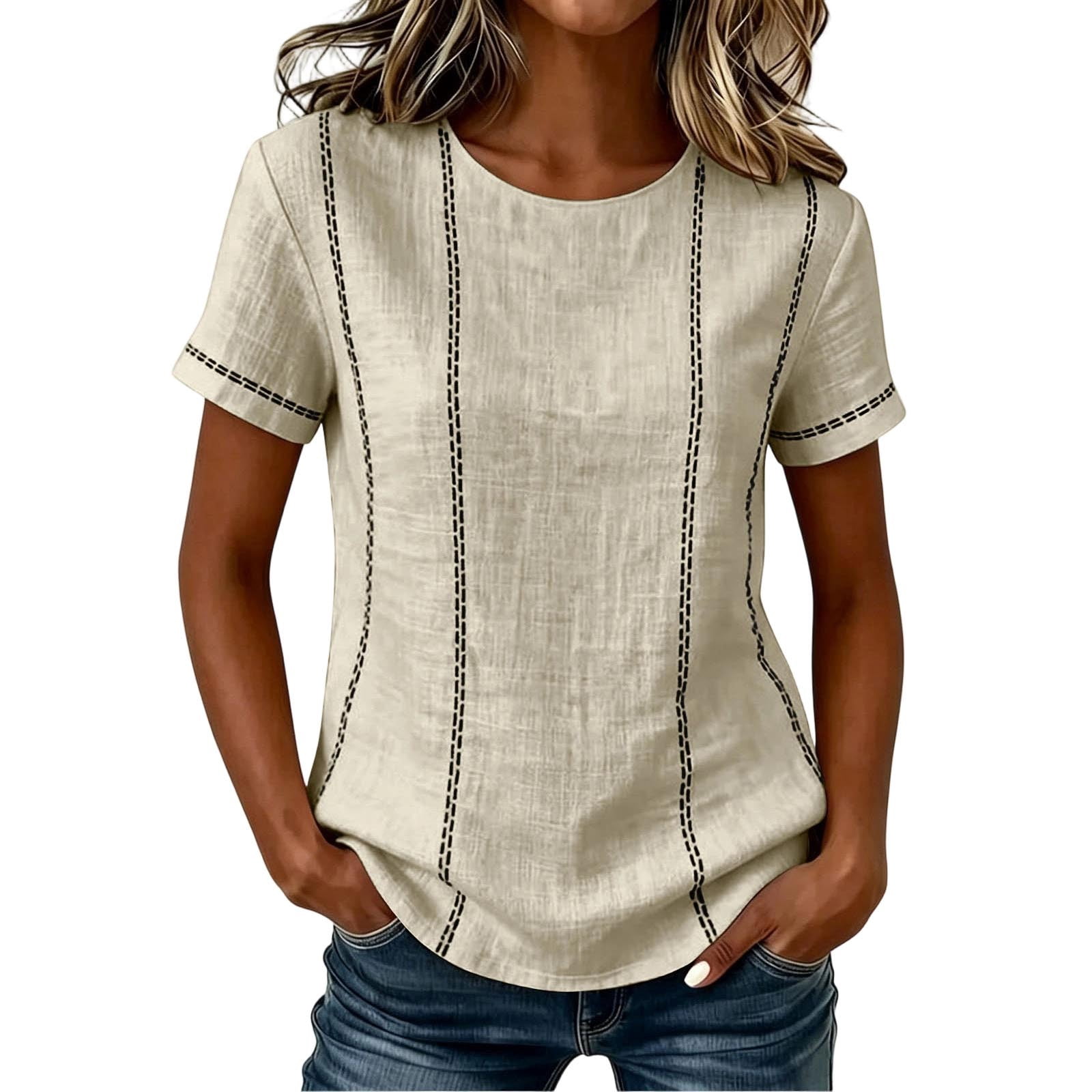 SAFUNY Women's Top Crew Neck Short Sleeve Striped Pattern Fashionable ...
