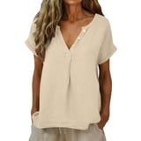 SAFUNY Women's Top Loose V Neck Short Sleeve Linen Blend Perfect For ...