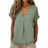 SAFUNY Women's Top Loose V Neck Short Sleeve Linen Blend Perfect For ...