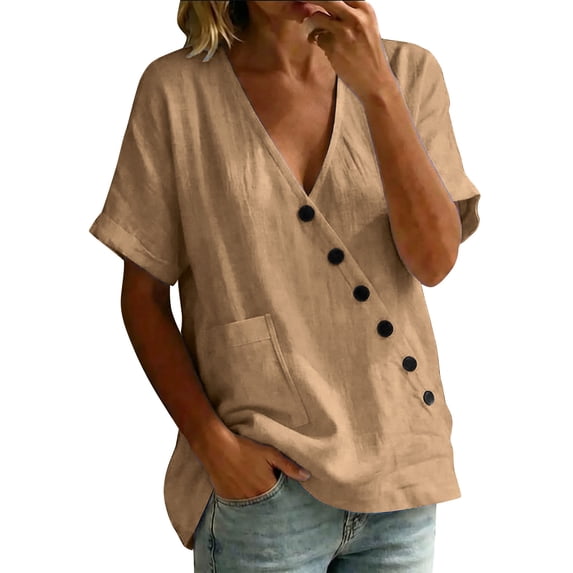 SAFUNY Women's Top V Neck Short Sleeve Linen Blend Summer Style ...