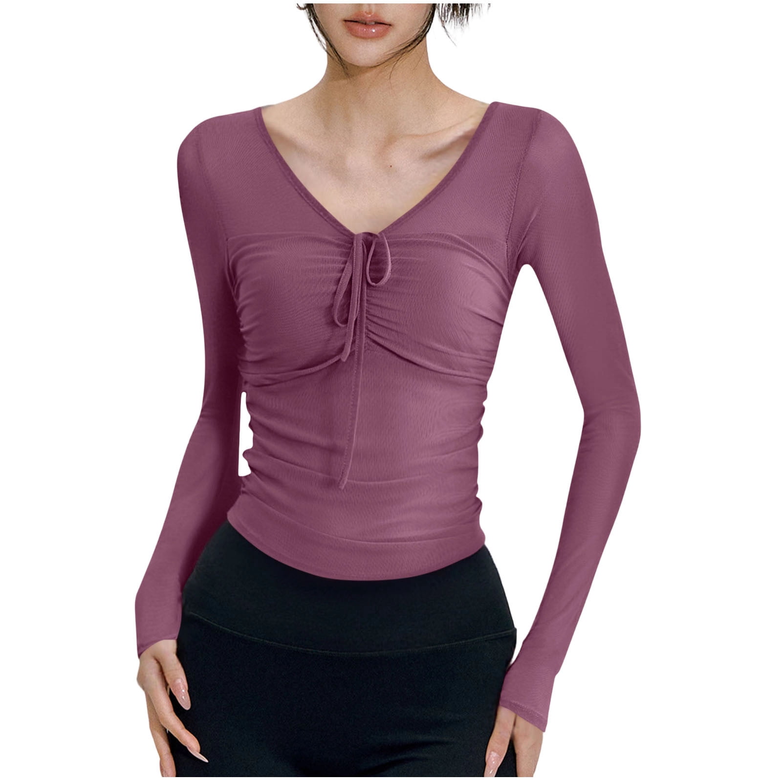 SAFUNY Women's Yoga Top Built-in Bra Long Sleeve V Neck Fashionable ...