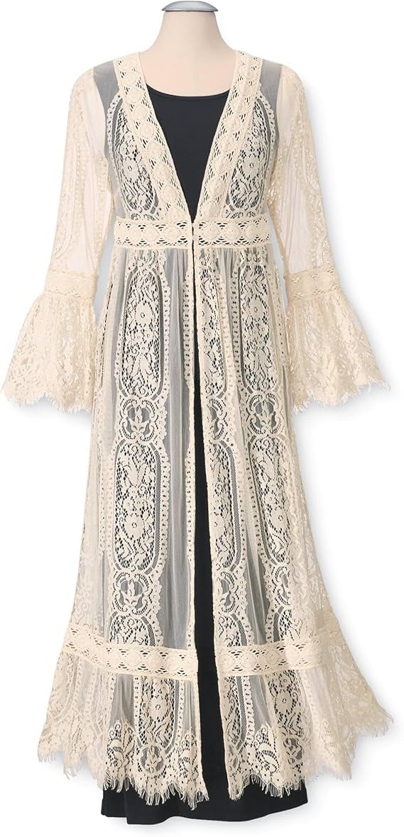 SAGEFINDS Long Lace Cardigan for Women, Flowy Boho Jacket Cover Up with ...