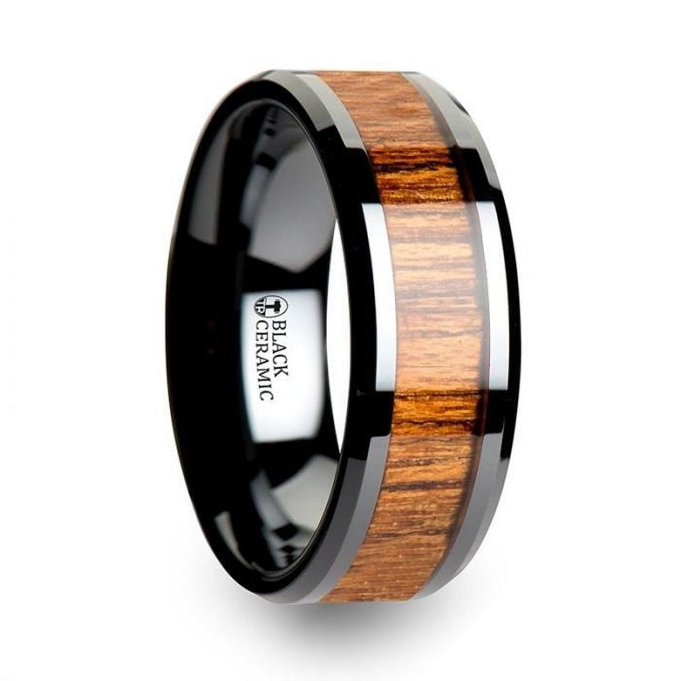 SAGON Black Ceramic Ring with Polished Bevels and Teak Wood Inlay - 6mm ...