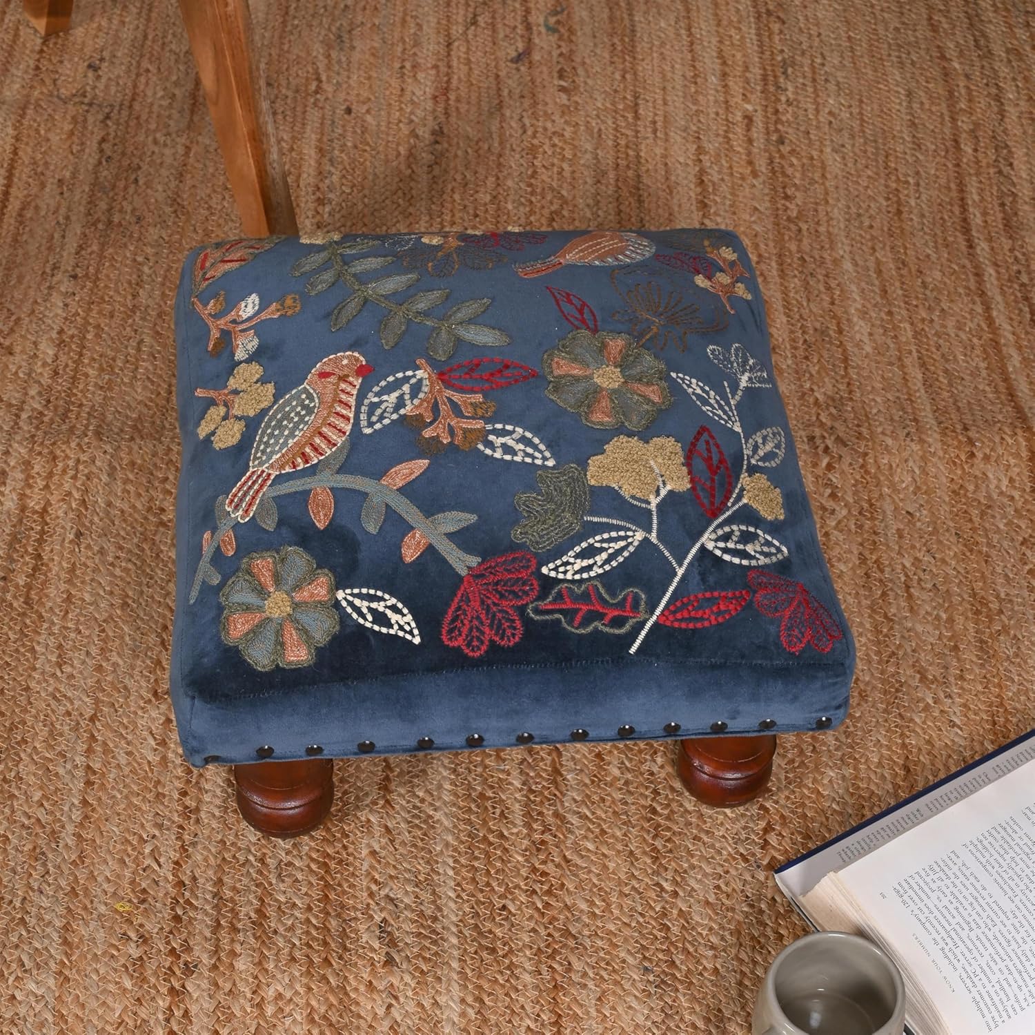 SAHAJHAST Velvet Ottoman Blue Handcrafted Embroidered Footstool with ...