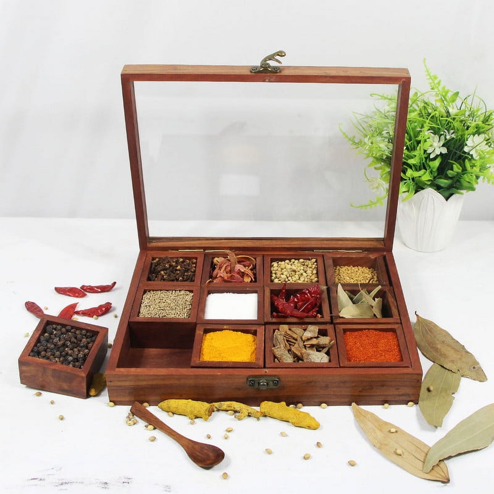 SAI DECORATIVE Beautiful Wooden Masala Box & Spice Jar (12 Square ...