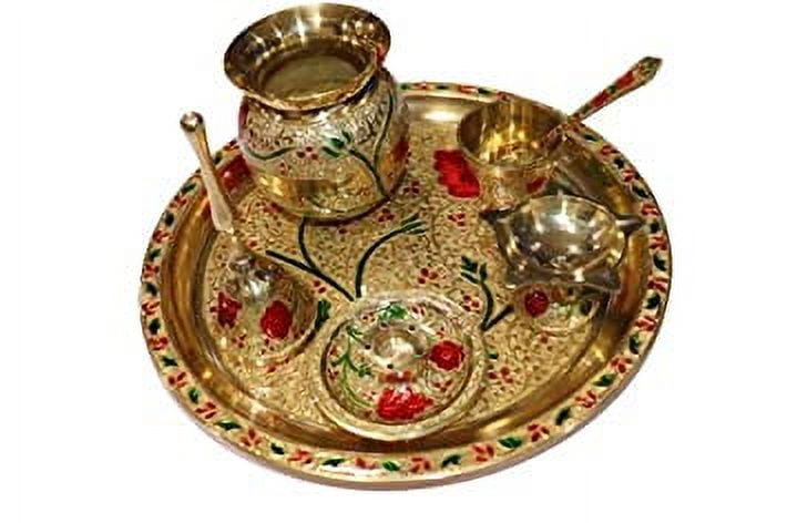 SAI DECORATIVE Brass Meenkari Flower Design Puja Thali Complete Set for ...