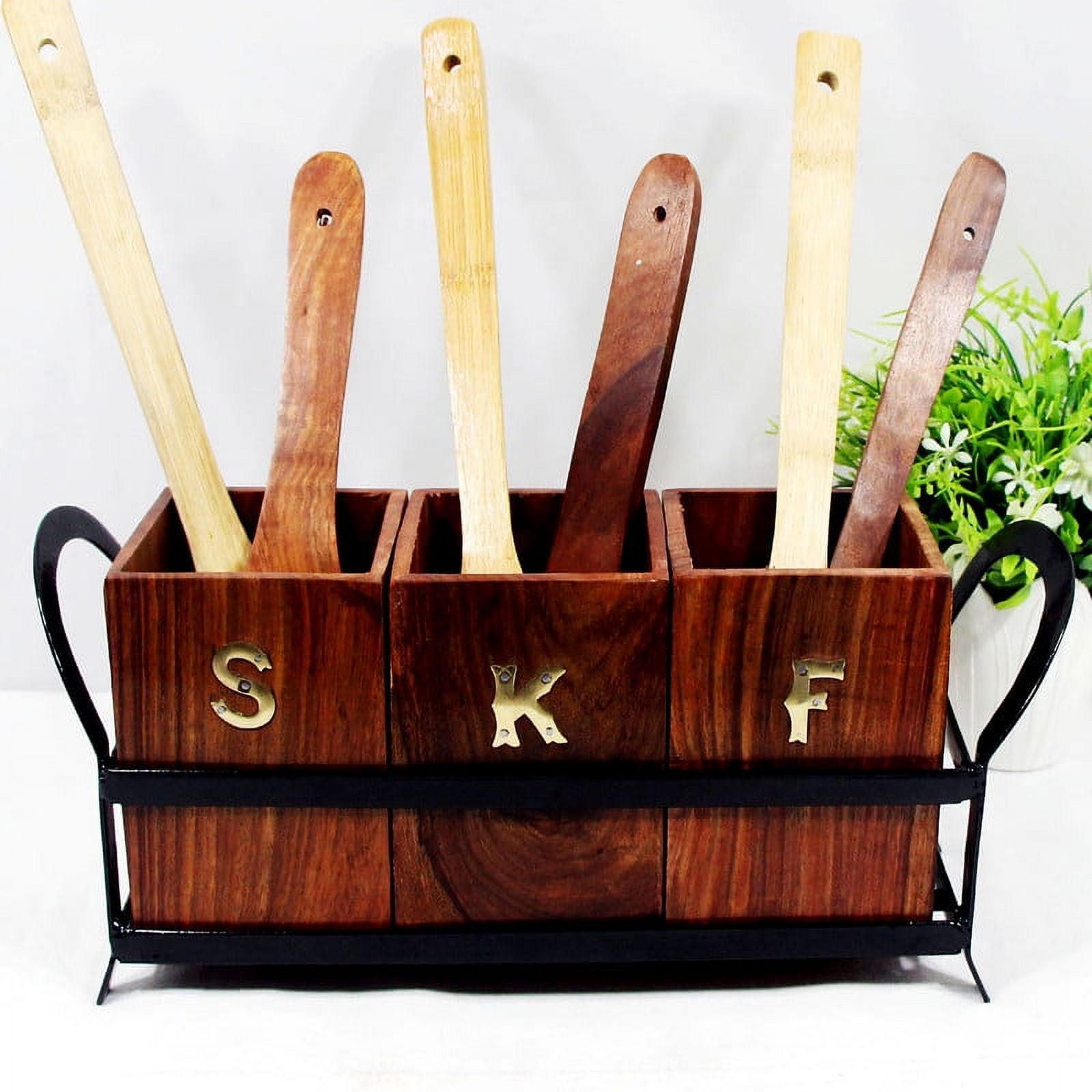 SAI DECORATIVE Wooden Cutlery Holder for Dining Table with 3 Wooden jar ...