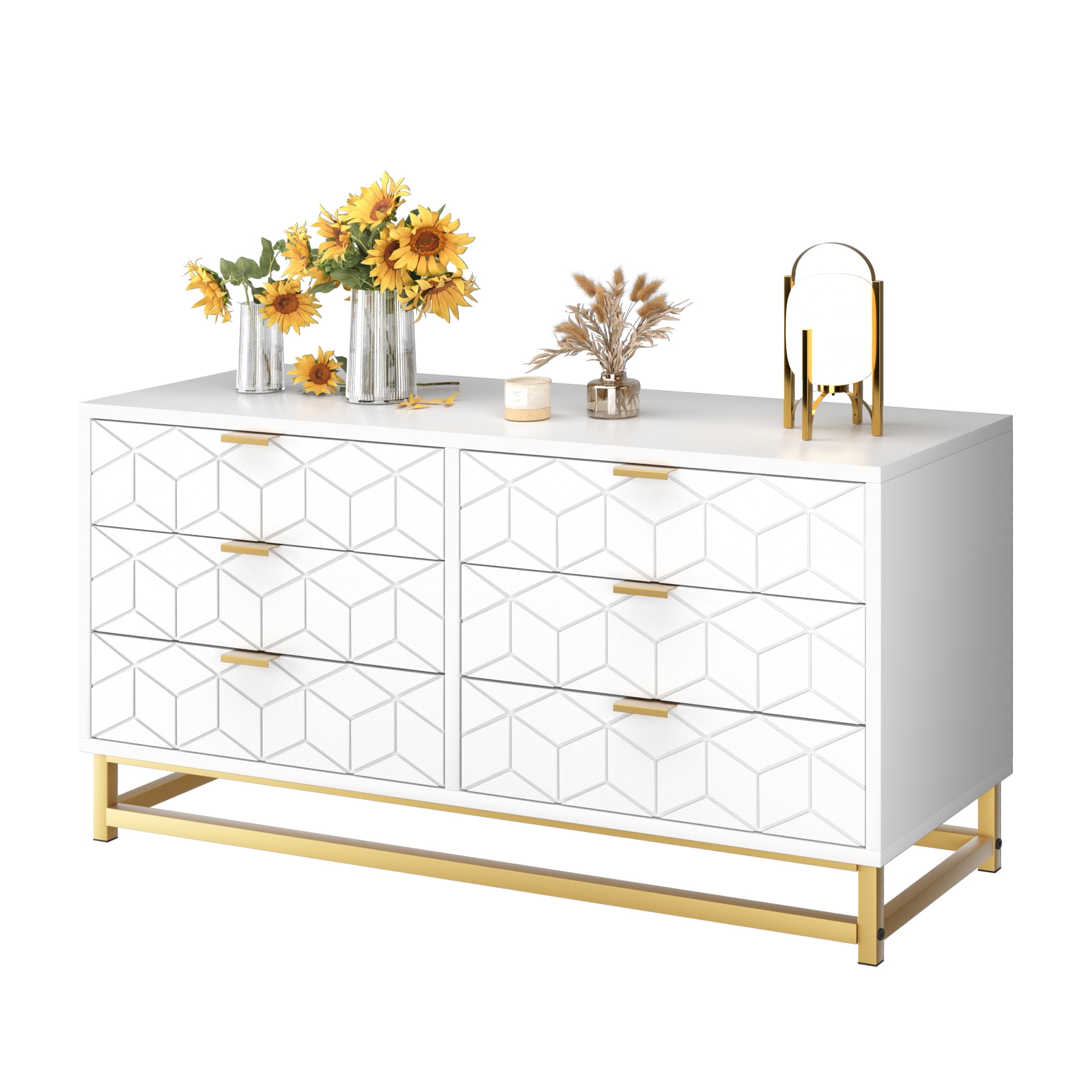 SAINSPEED Dresser with 6 Drawers Golden Handle Golden Base Diamond ...