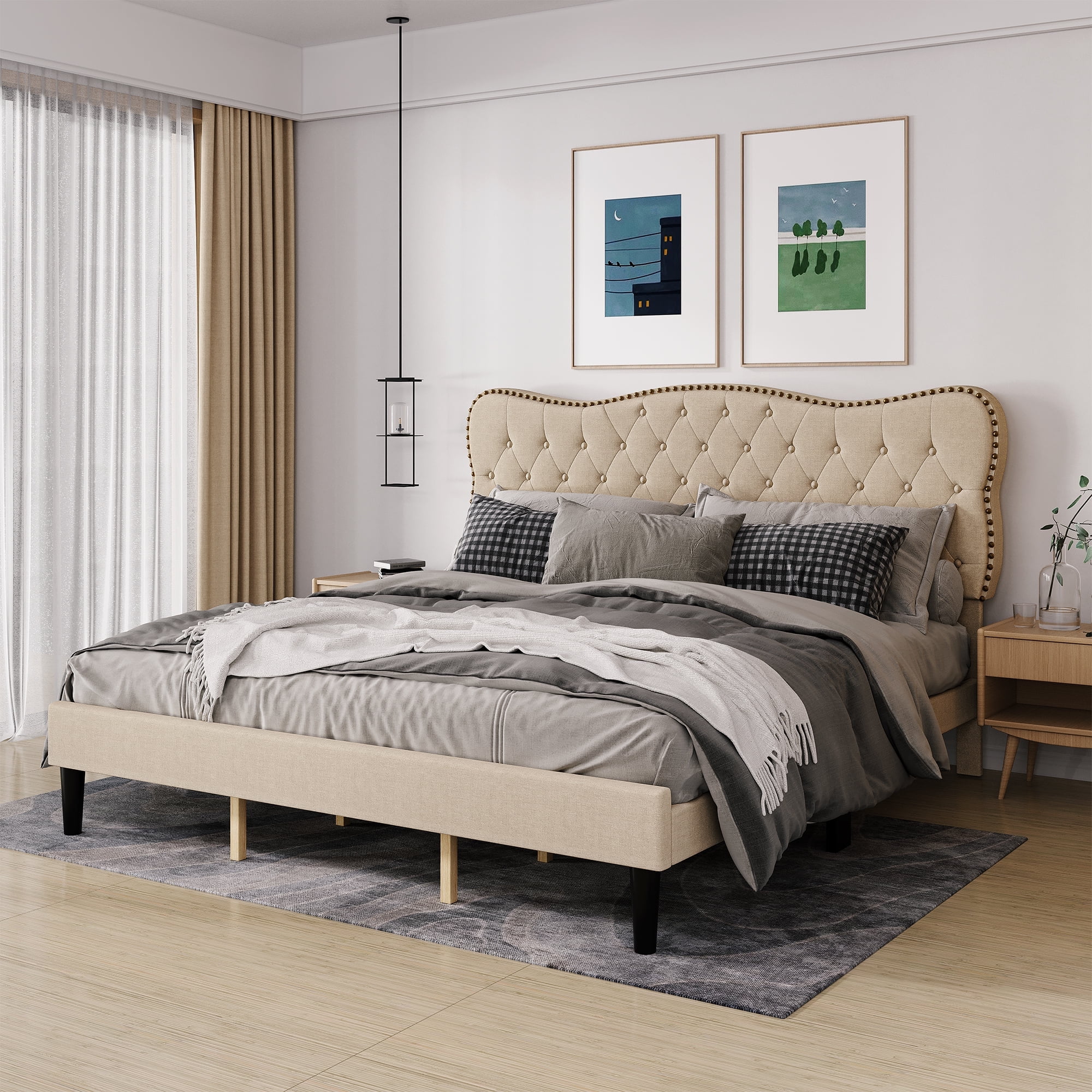 SAINSPEED Full Size Linen Upholstered Platform Bed Frame with Noise ...