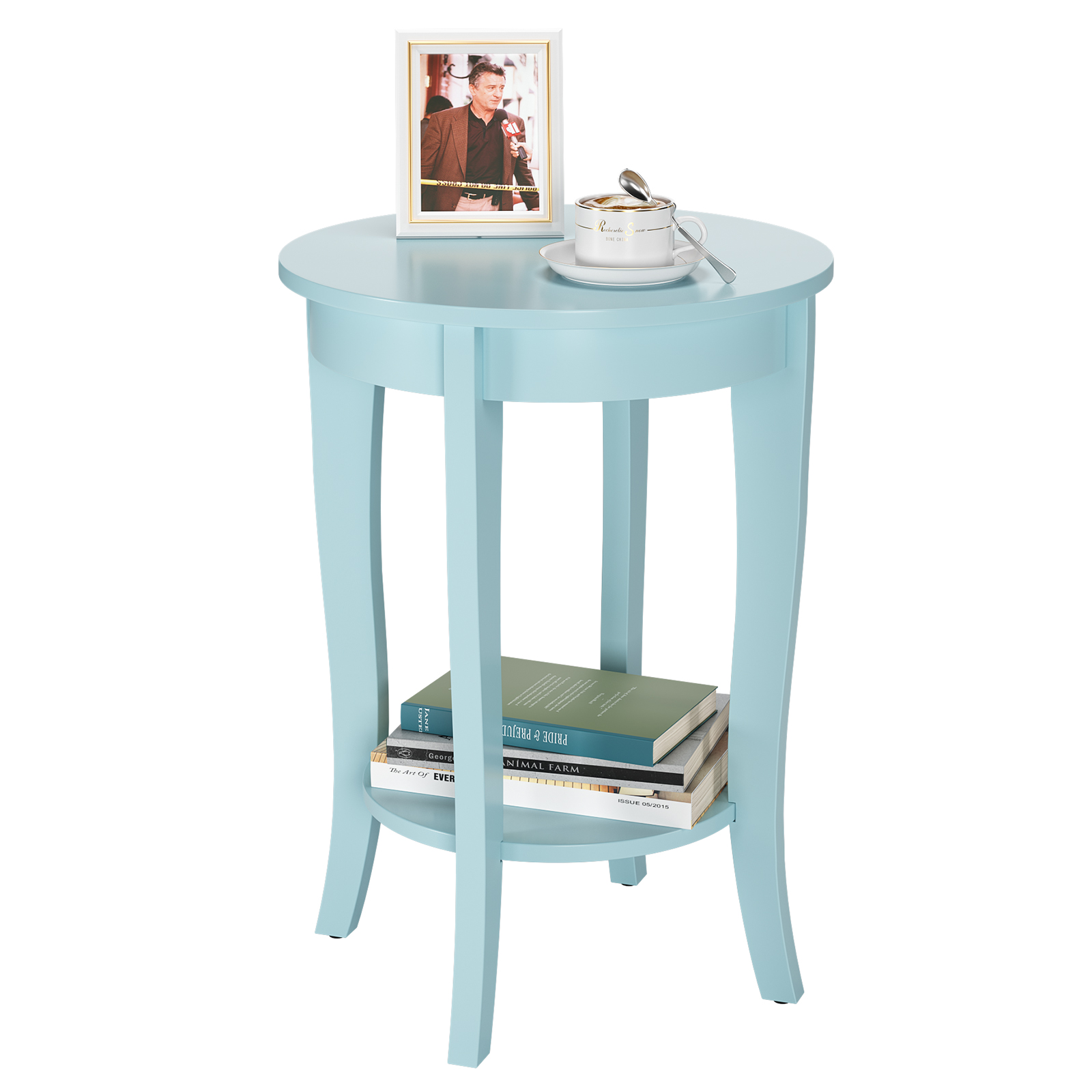 SAINSPEED Wood Round End Table, 2 Tier Paint Side Table with Shelf ...
