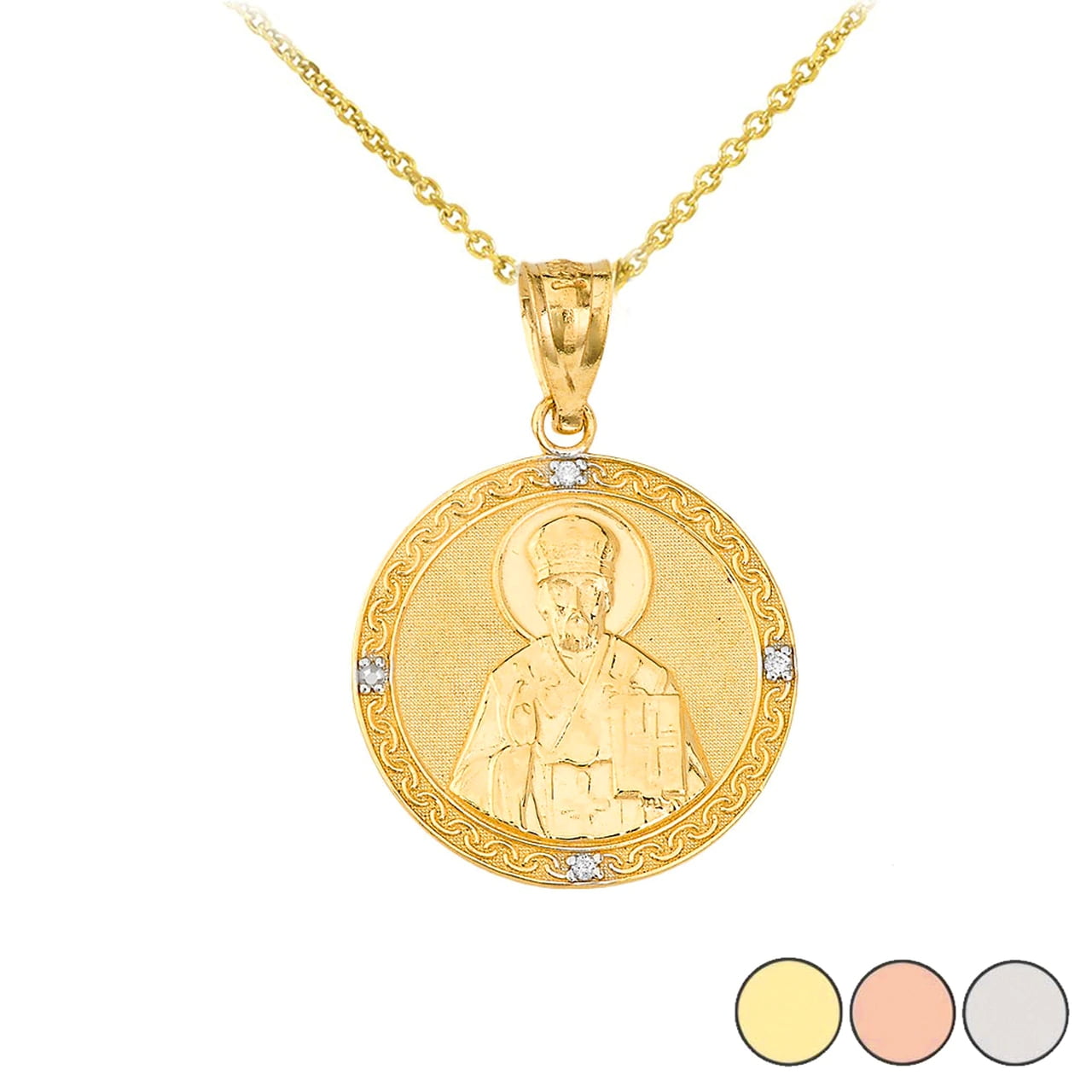 SAINT NICHOLAS PRAY FOR US CIRCLE MEDALLION DIAMOND PENDANT NECKLACE IN ...