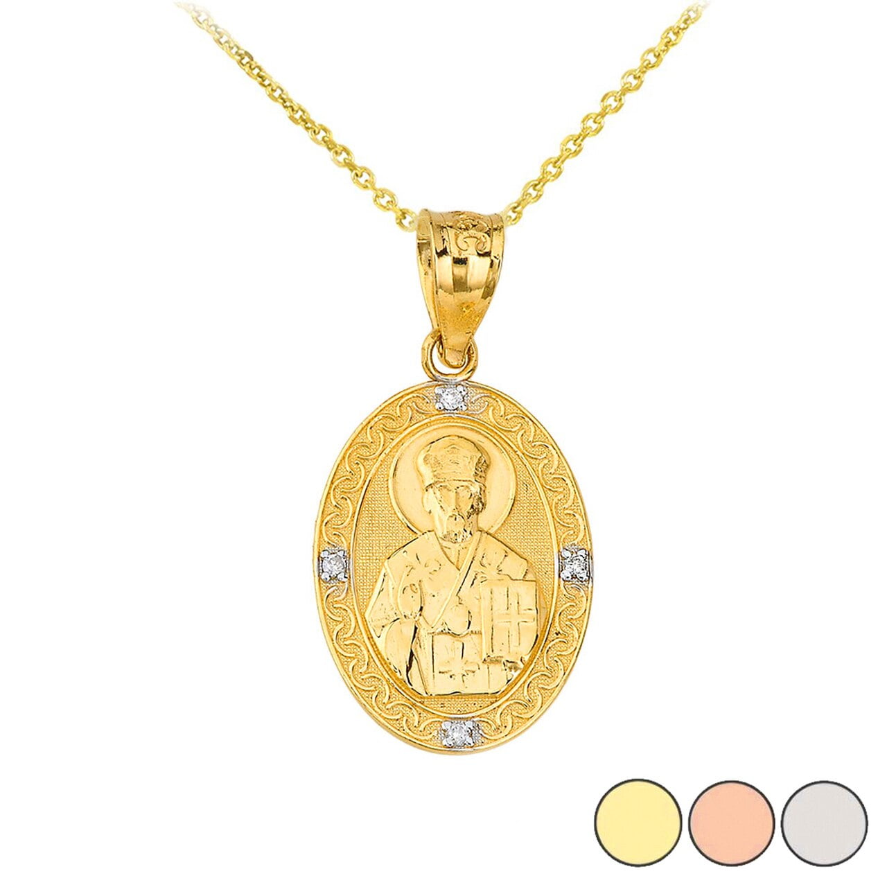 SAINT NICHOLAS PRAY FOR US OVAL DIAMOND PENDANT NECKLACE IN GOLD ...