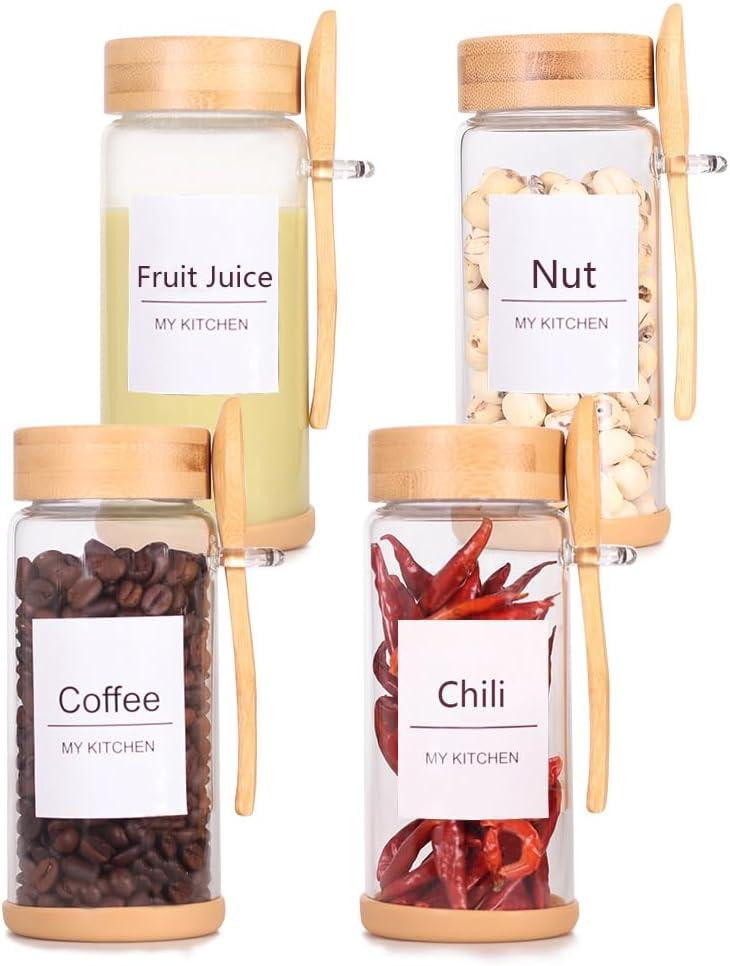 SAIOOL 4 Pack Glass Storage Containers with Bamboo Lids and Spoon ...
