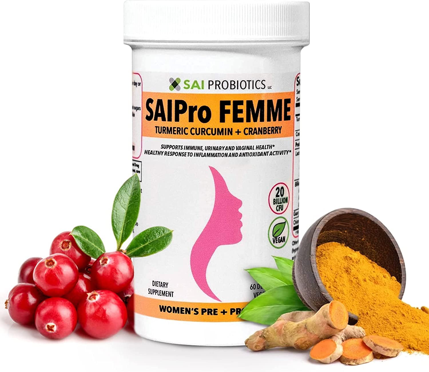 SAIPro Femme Probiotics: 20B CFU, Turmeric, Cranberry - Digestive ...