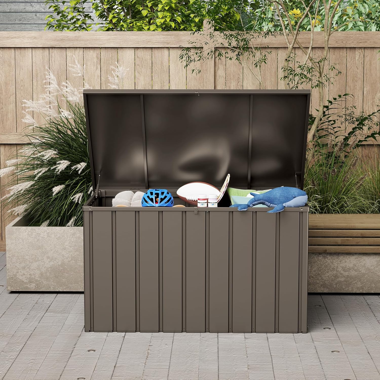 SAIYA 160 Gallon Outdoor Deck Box, Waterproof Lockable Steel Outdoor ...