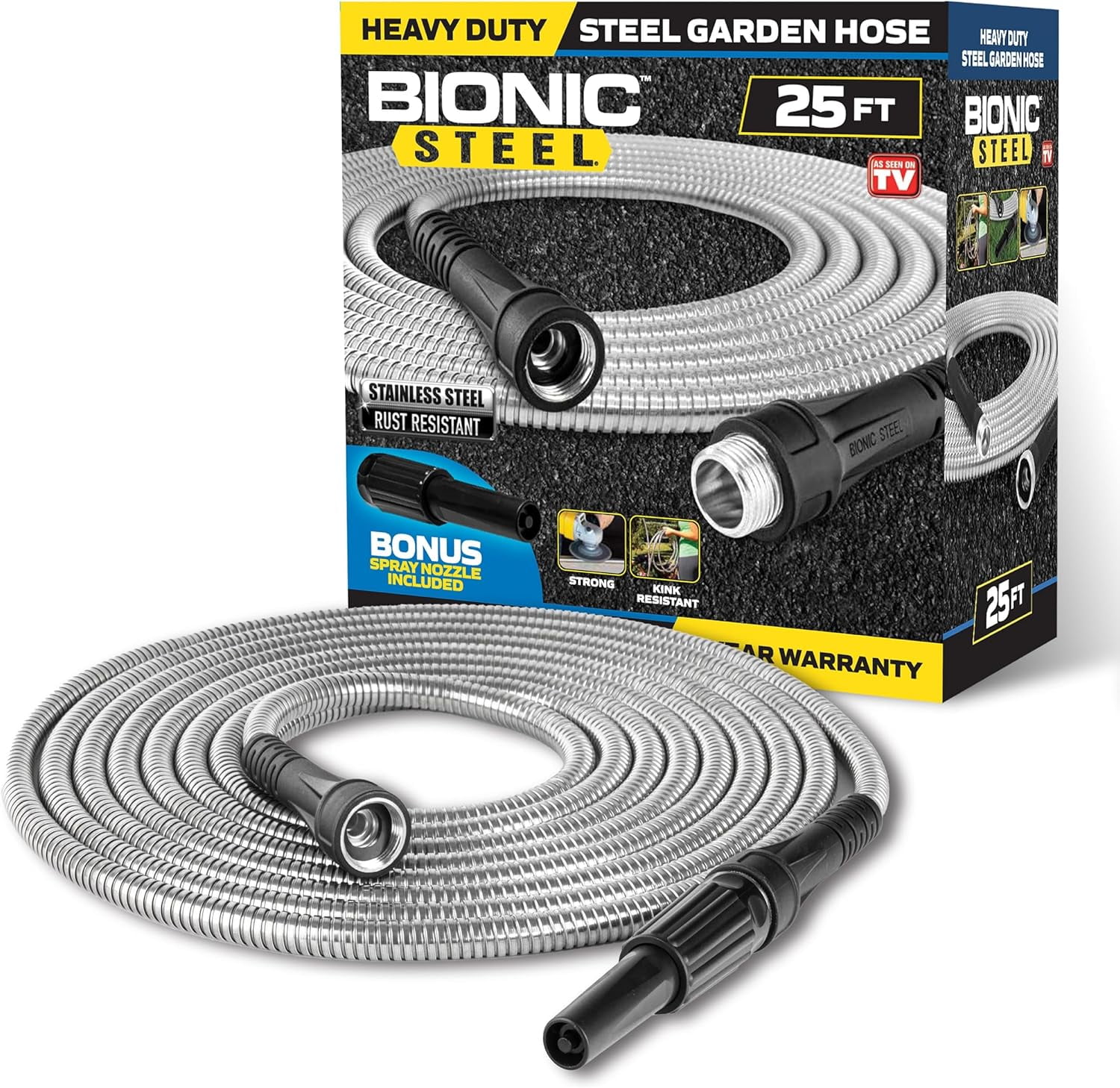 SAIYA 25 Ft Short Metal Garden Hose with Nozzle, Premium 304 Stainless ...