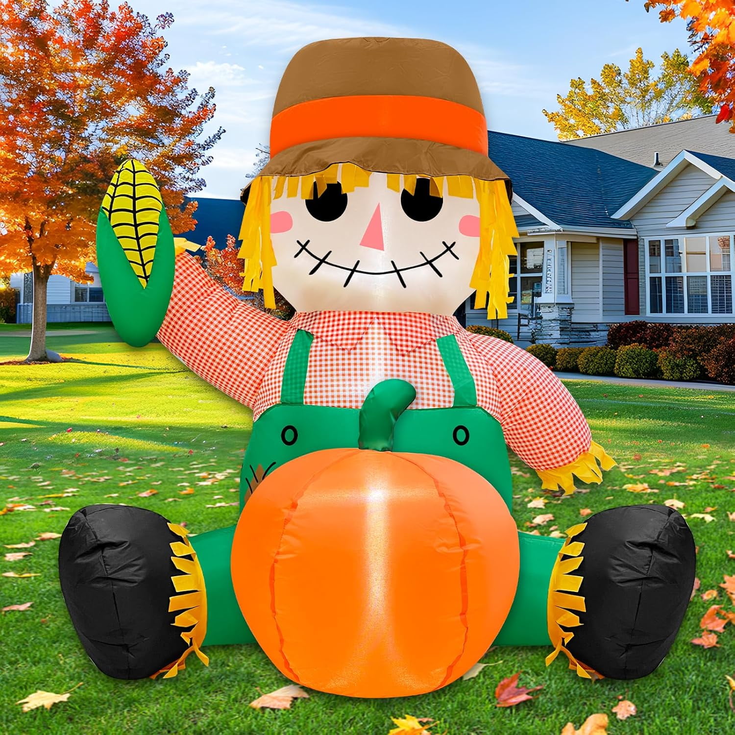 SAIYA 4FT Fall Scarecrow Inflatable - Holds Corn, with Built-in LED for ...