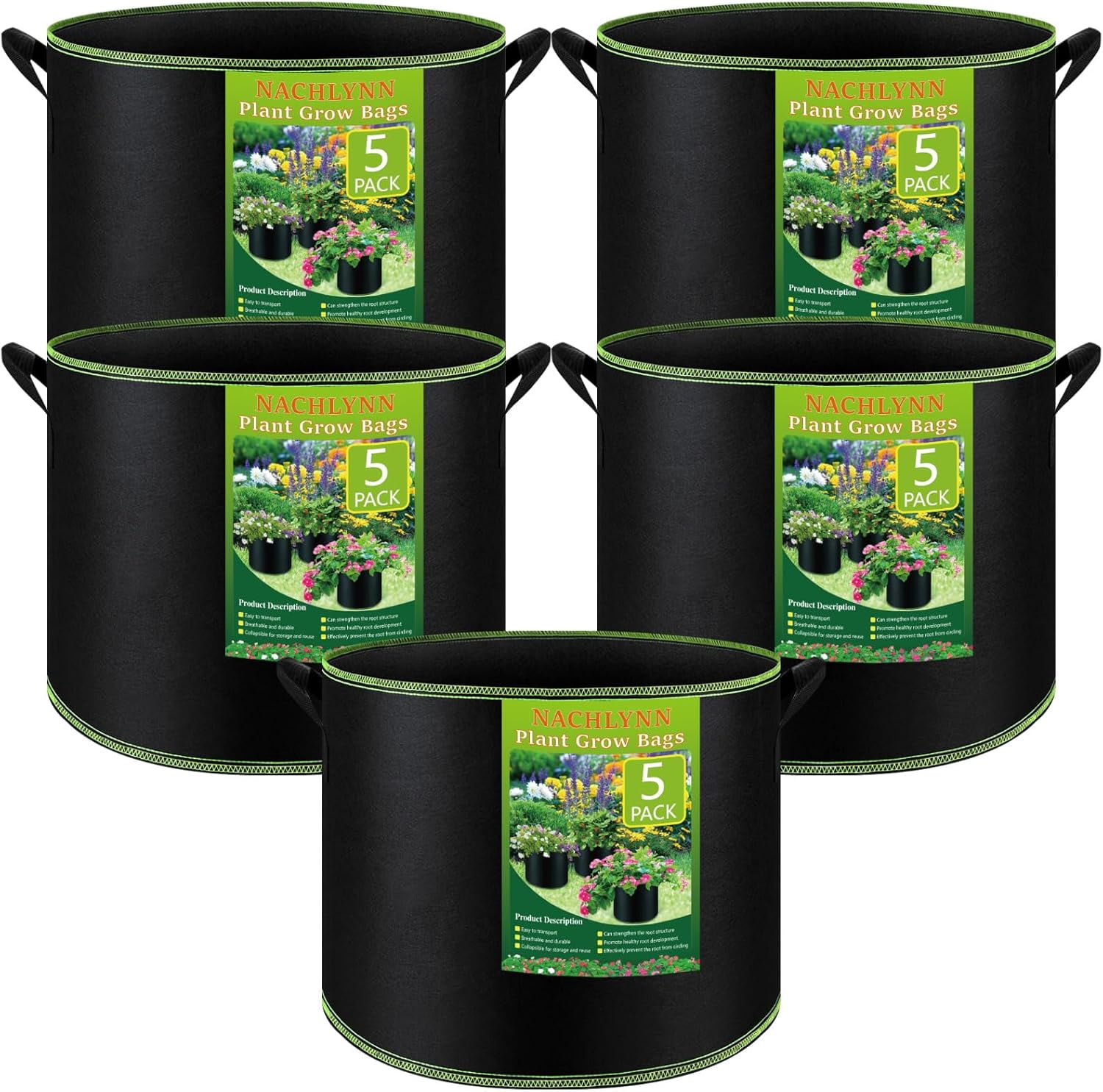 SAIYA 5-Pack 5 Gallon Grow Bags Heavy Duty Aeration Fabric Pots with ...