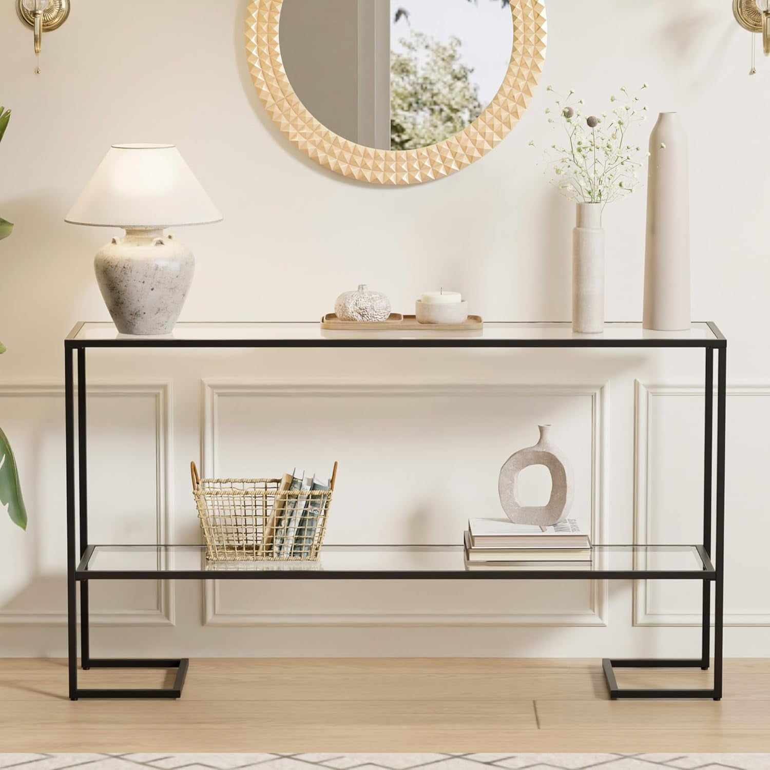 SAIYA 52" Console Table, 2-Tier Narrow Tempered Glass Sofa Table with ...