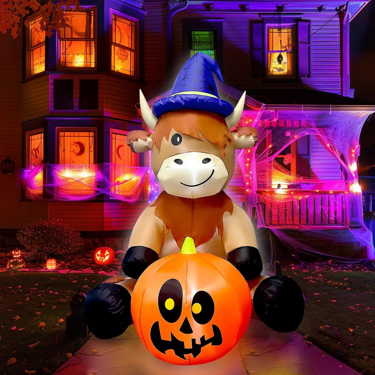 SAIYA 5FT Witch Hat Highland Cow Inflatable - Holding Pumpkin with ...