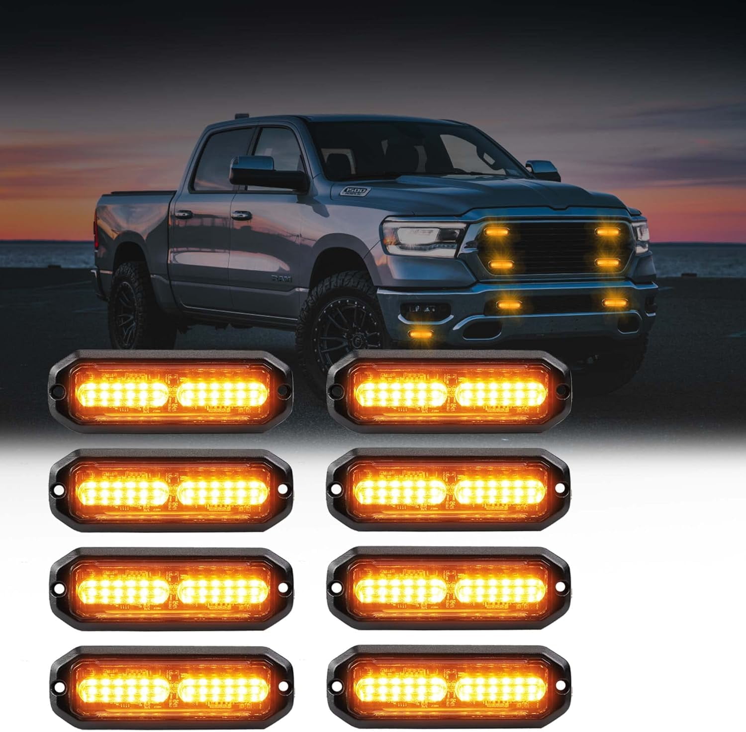 SAIYA Amber led strobe lights for trucks 8pcs 12-LED Surface Mount Flashing Strobe Lights kit ...