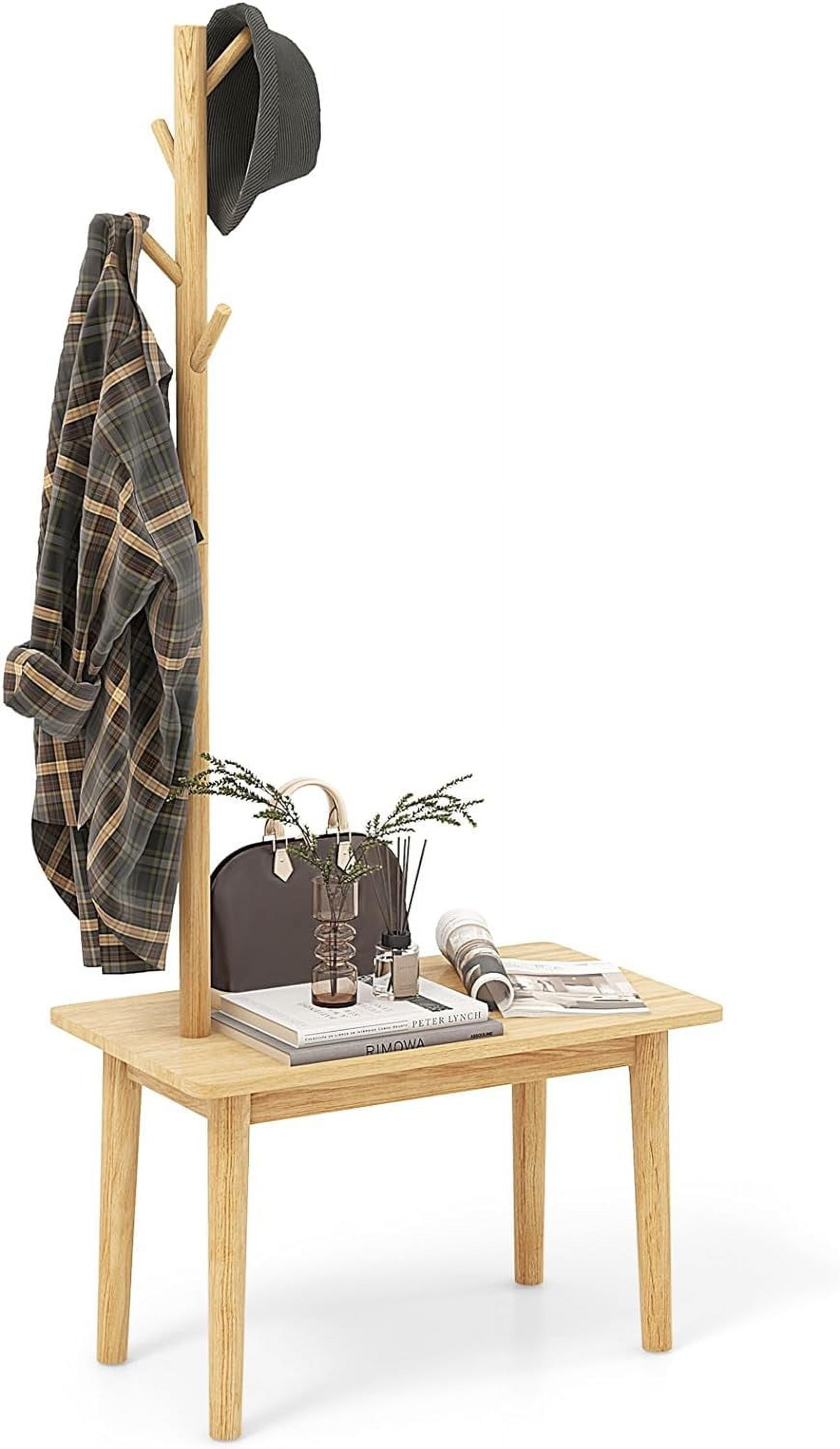 SAIYA Coat Rack with End Table, Solid Wood Coat Tree with 2-in-1 Side ...