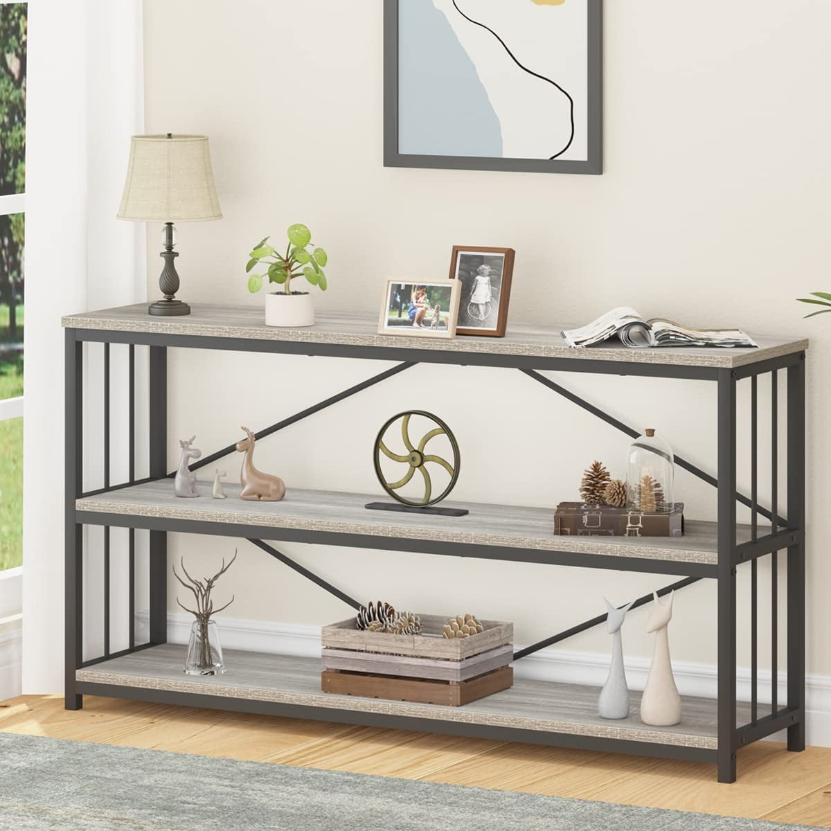 SAIYA Farmhouse Industrial Console Table, Wood Metal Foyer Entryway ...