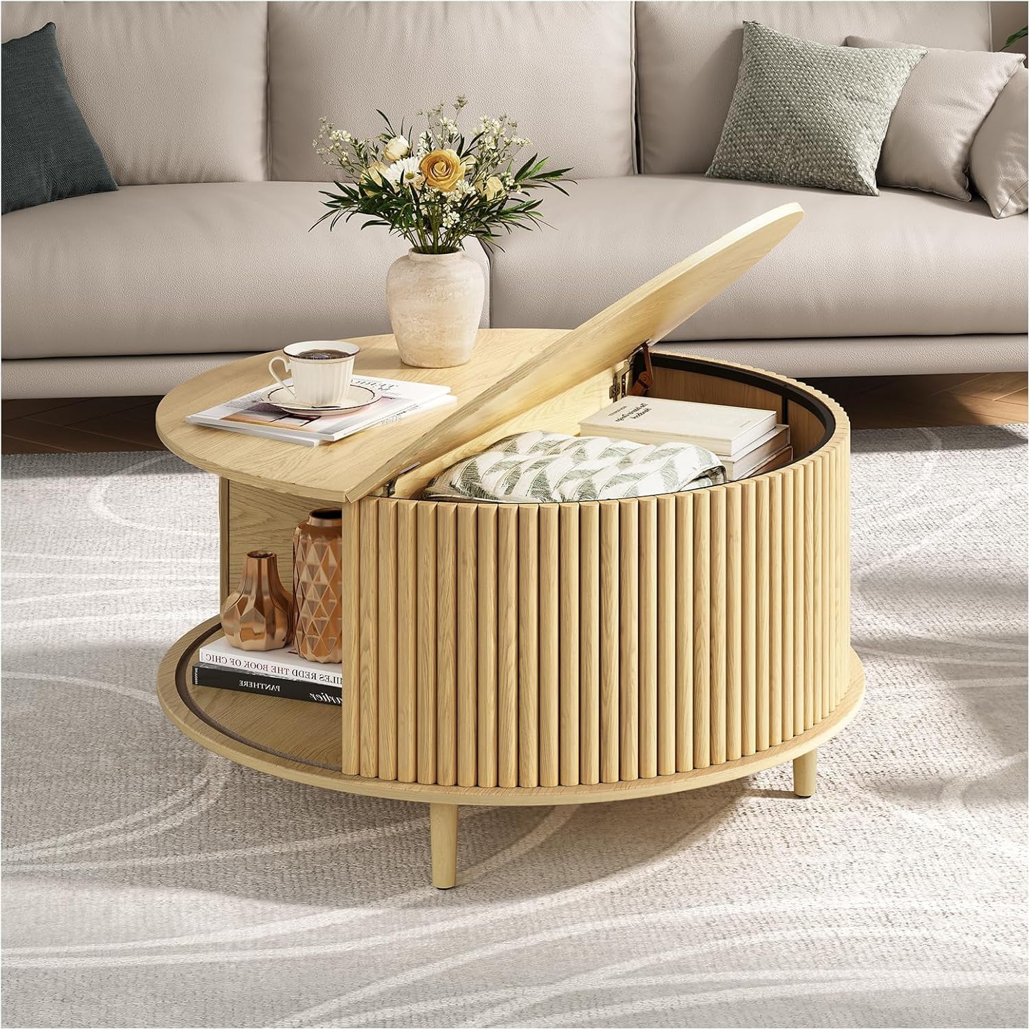 SAIYA Round Coffee Table with Storage, Mid Century Modern Center Table ...