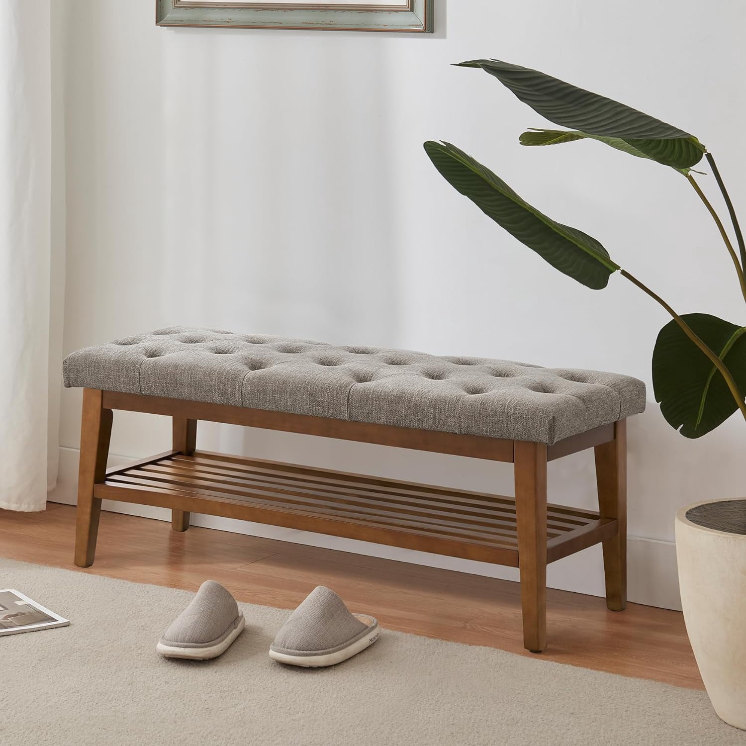 SAIYA Upholstered Button-Tufted Entryway Bench with Solid Wood Shelf ...