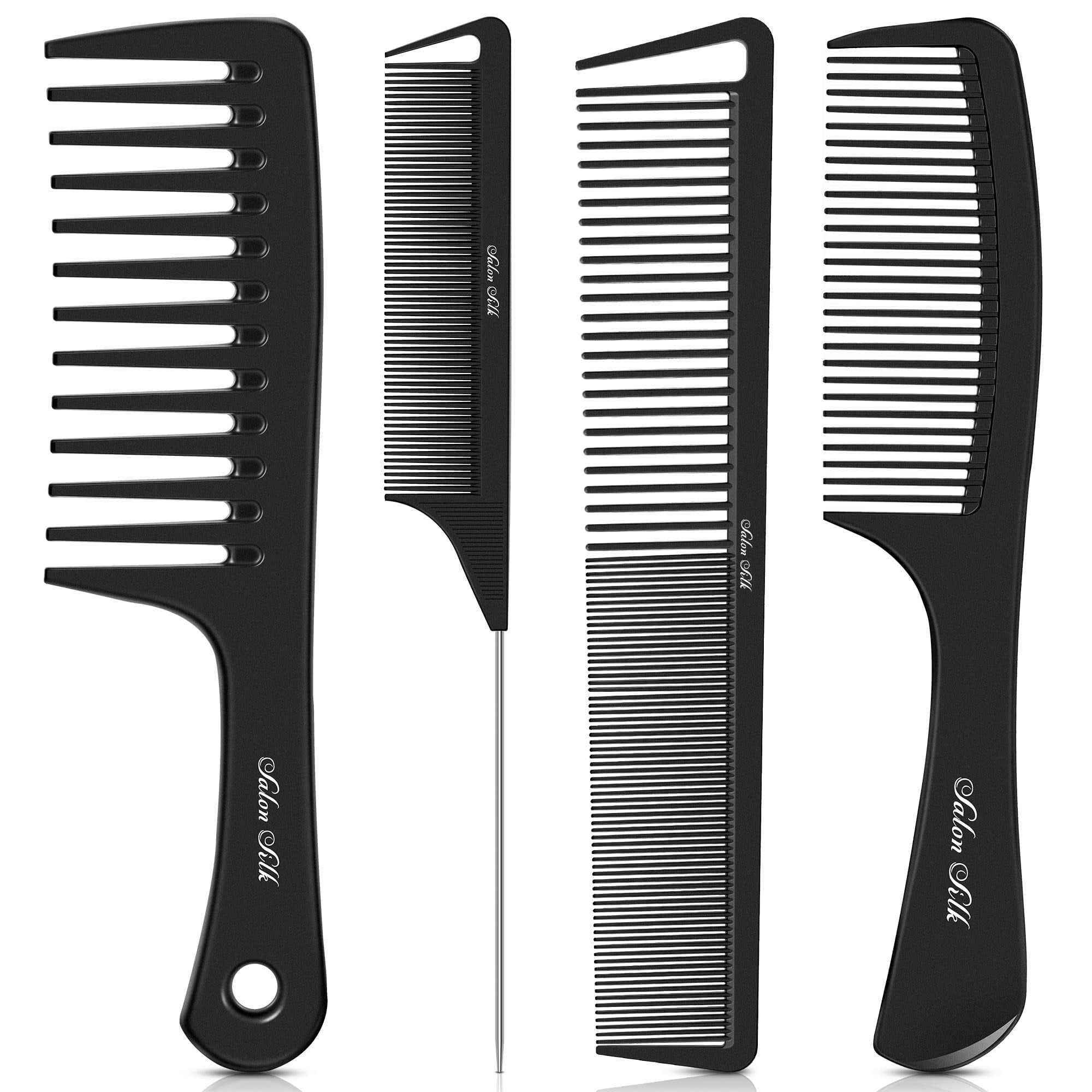 SALONSILK 4PCS Professional Comb JKF25 Set, Wide Tooth Rat Tail Fine ...